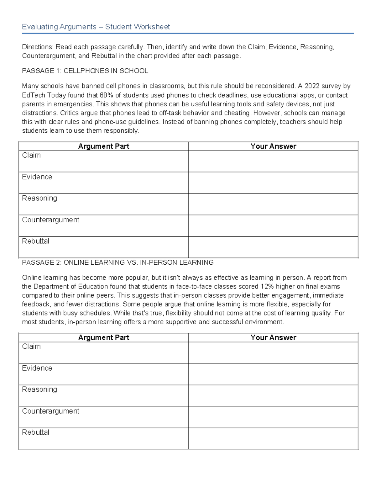 Evaluating Arguments Worksheet: Claims, Evidence, and Reasoning - Studocu