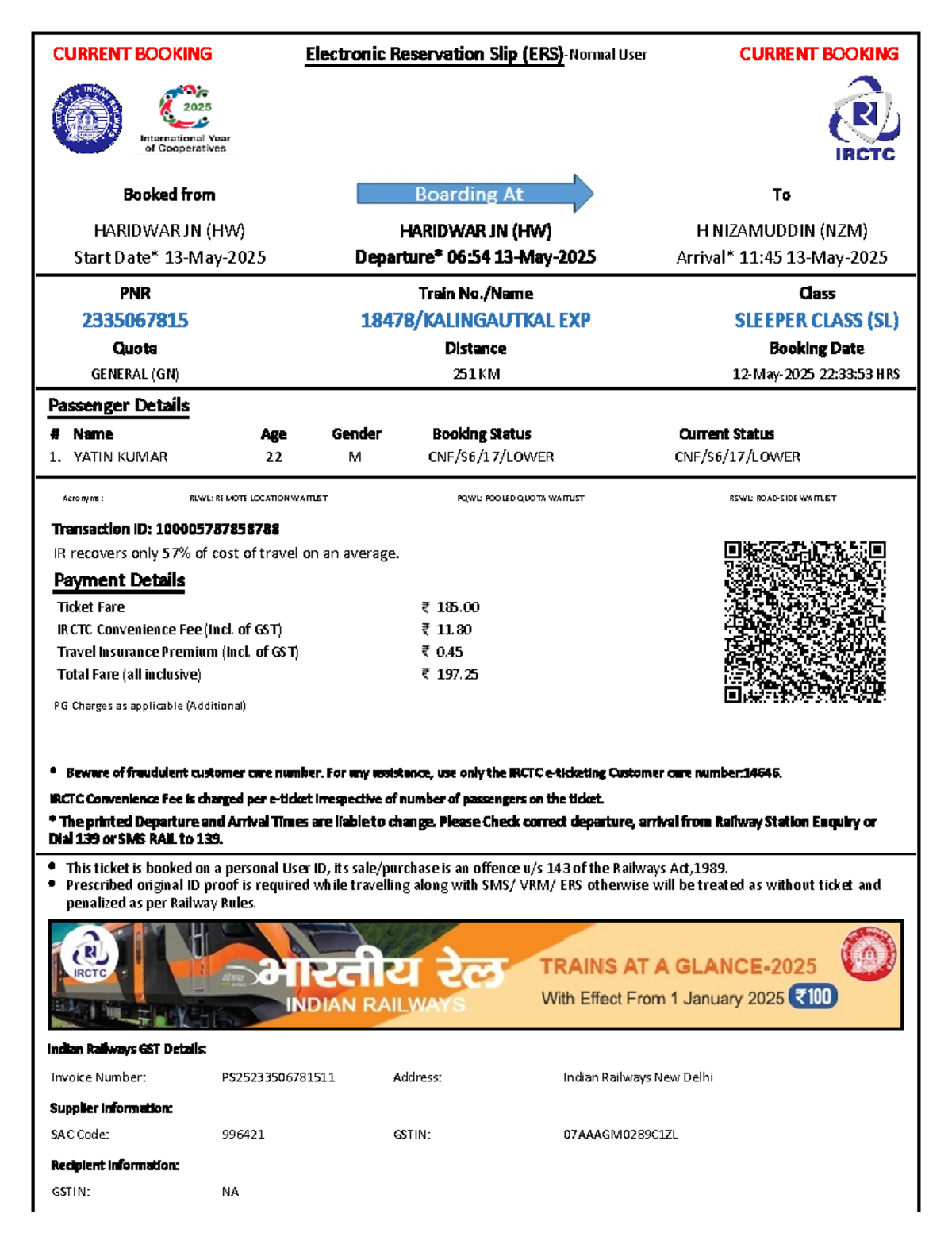 PNR 2335067815: Electronic Reservation Slip for Train Booking - Studocu