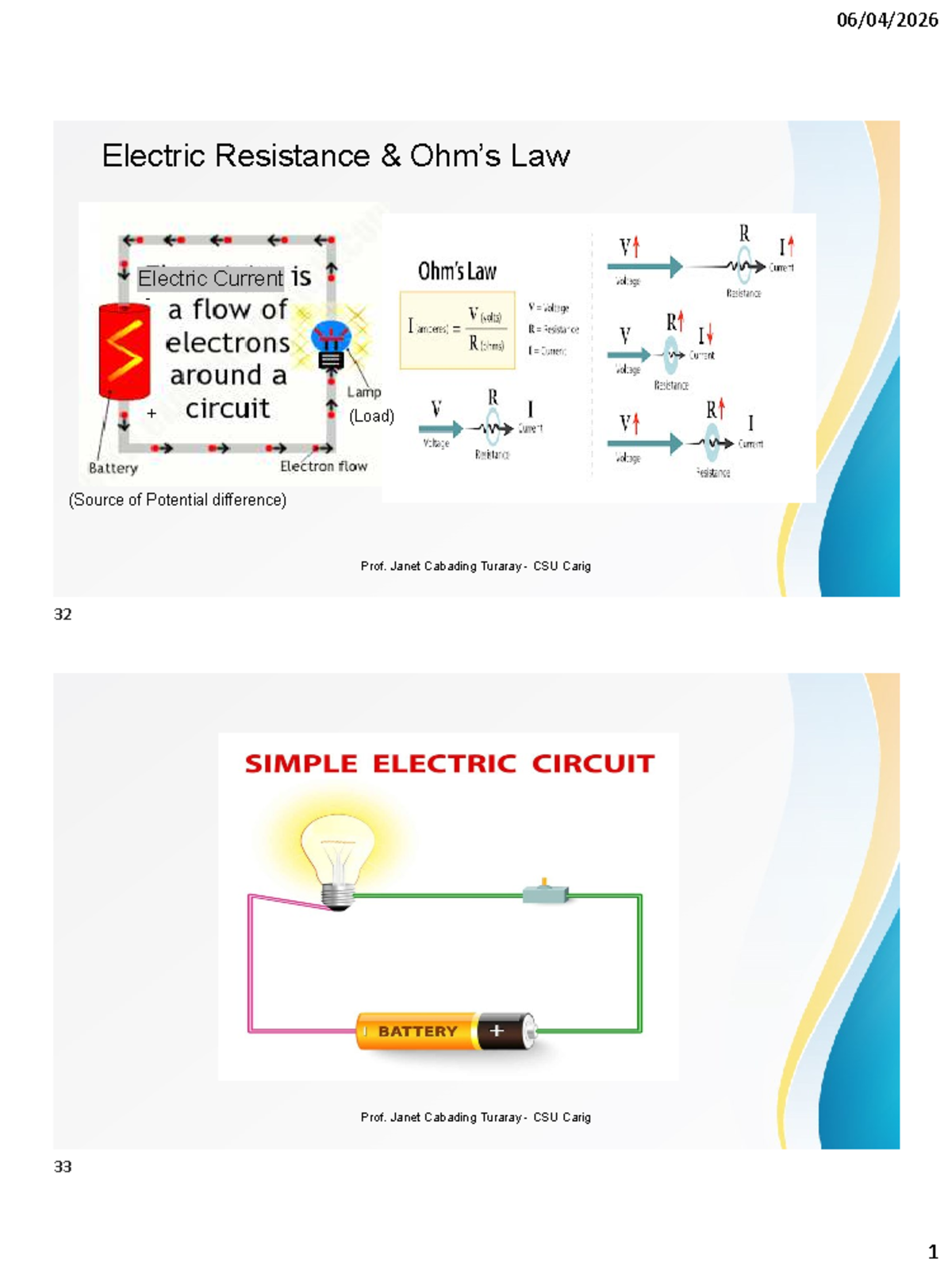 General Physics (PHYS 101) Electricity: Resistance & Current Problems ...