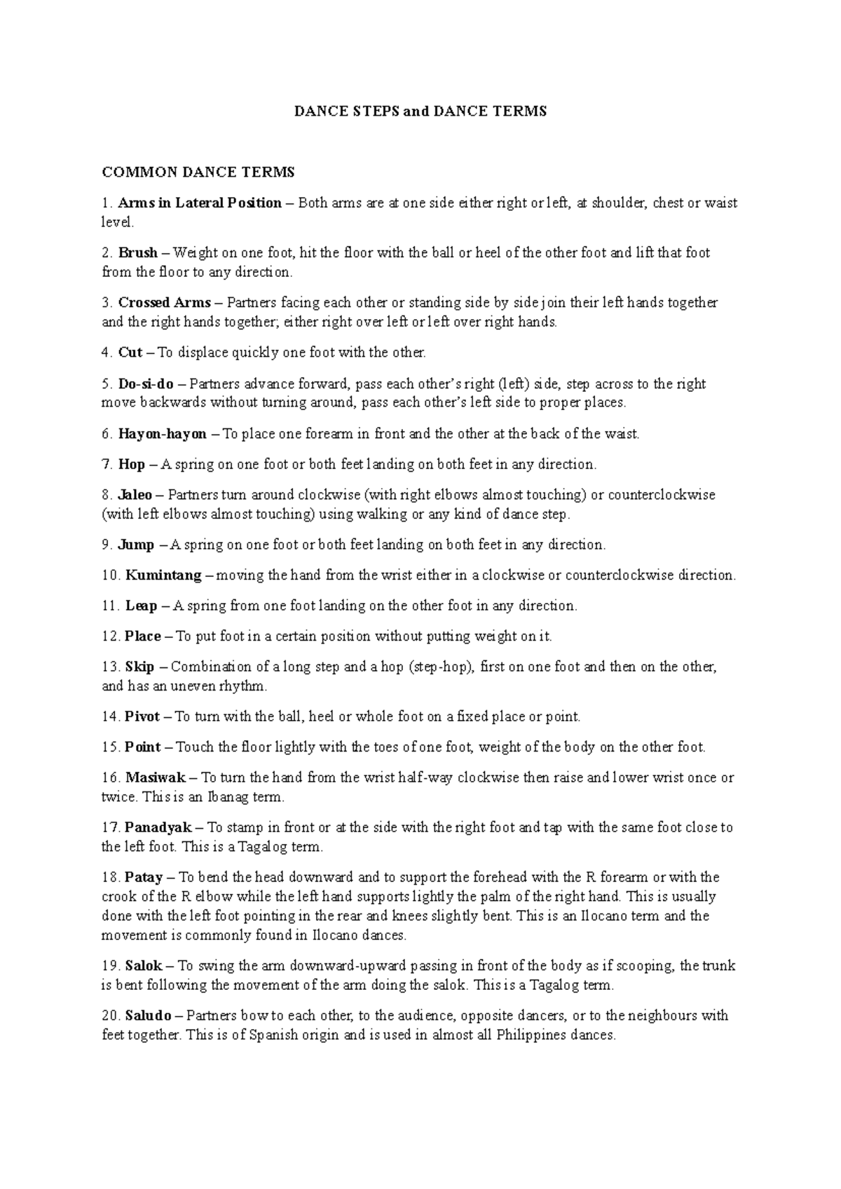 Dance Steps and Terms Overview for DANCE 101: Essential Techniques ...