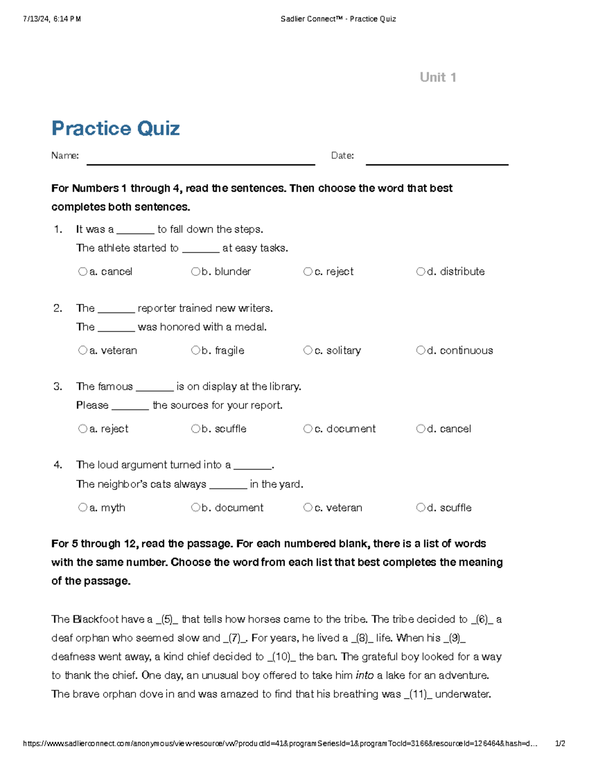 Sadlier Connect™ - Unit 1 Practice Quiz Questions and Answers - Studocu