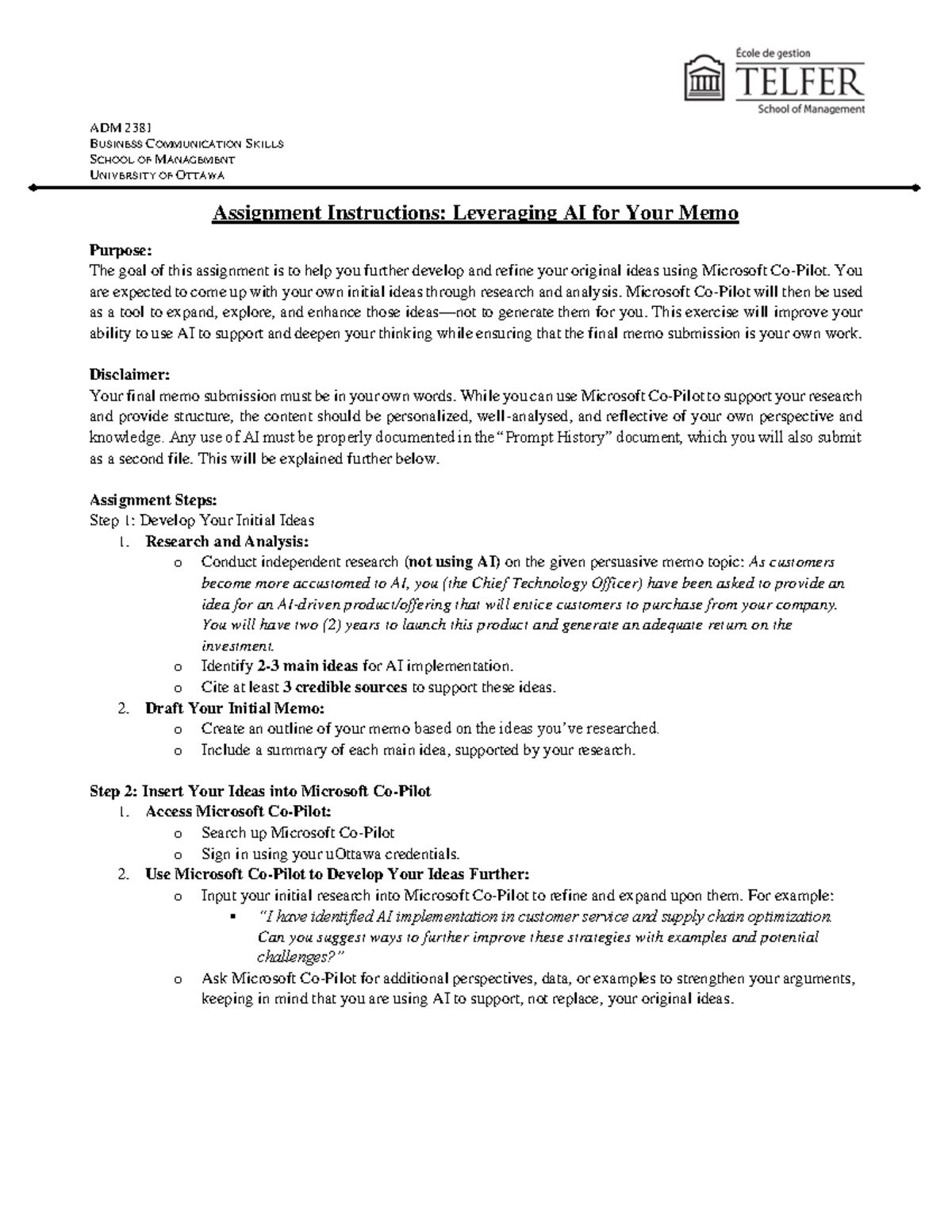 ADM 2381 - AI Memo Assignment Guide - Fall 2024 - Studocu