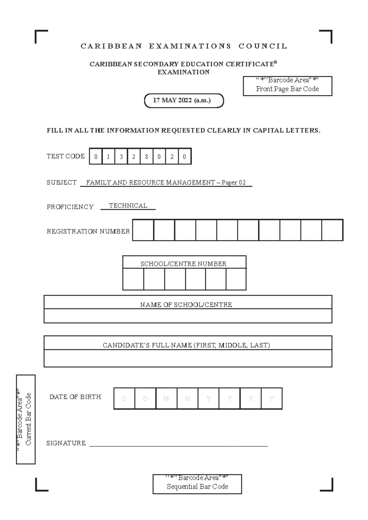 FRM 2022 CXC - Family and Resource Management Exam Paper 02 - Studocu