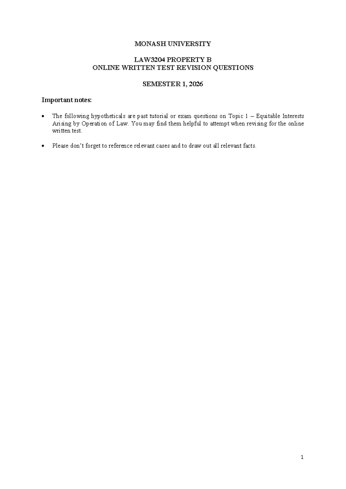 LAW3204 Property B Online Written Test Revision Hypotheticals ...