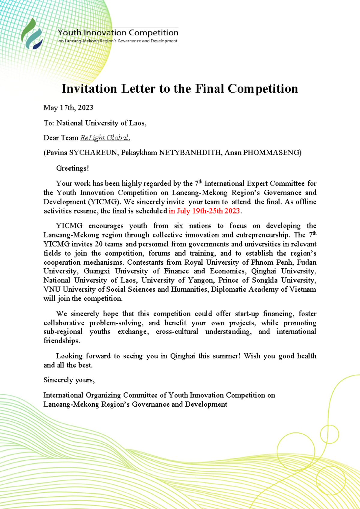 Invitation Letter to Final Competition - YICMG 2023 (复件) - Studocu