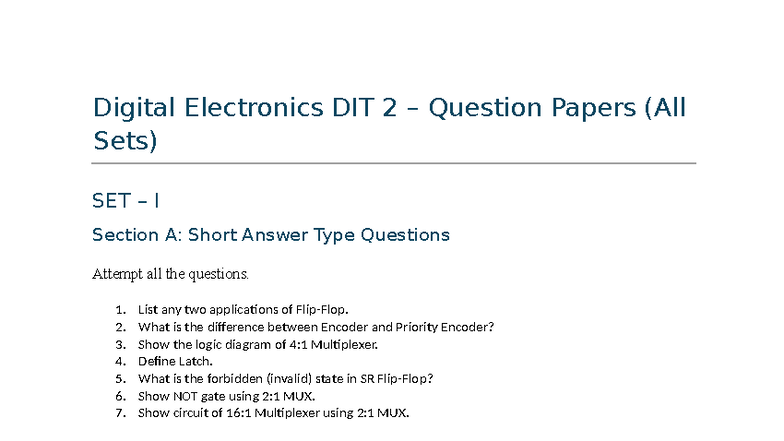 Digital Electronics DIT 2 Question Papers (All Sets) - Exam Prep - Studocu