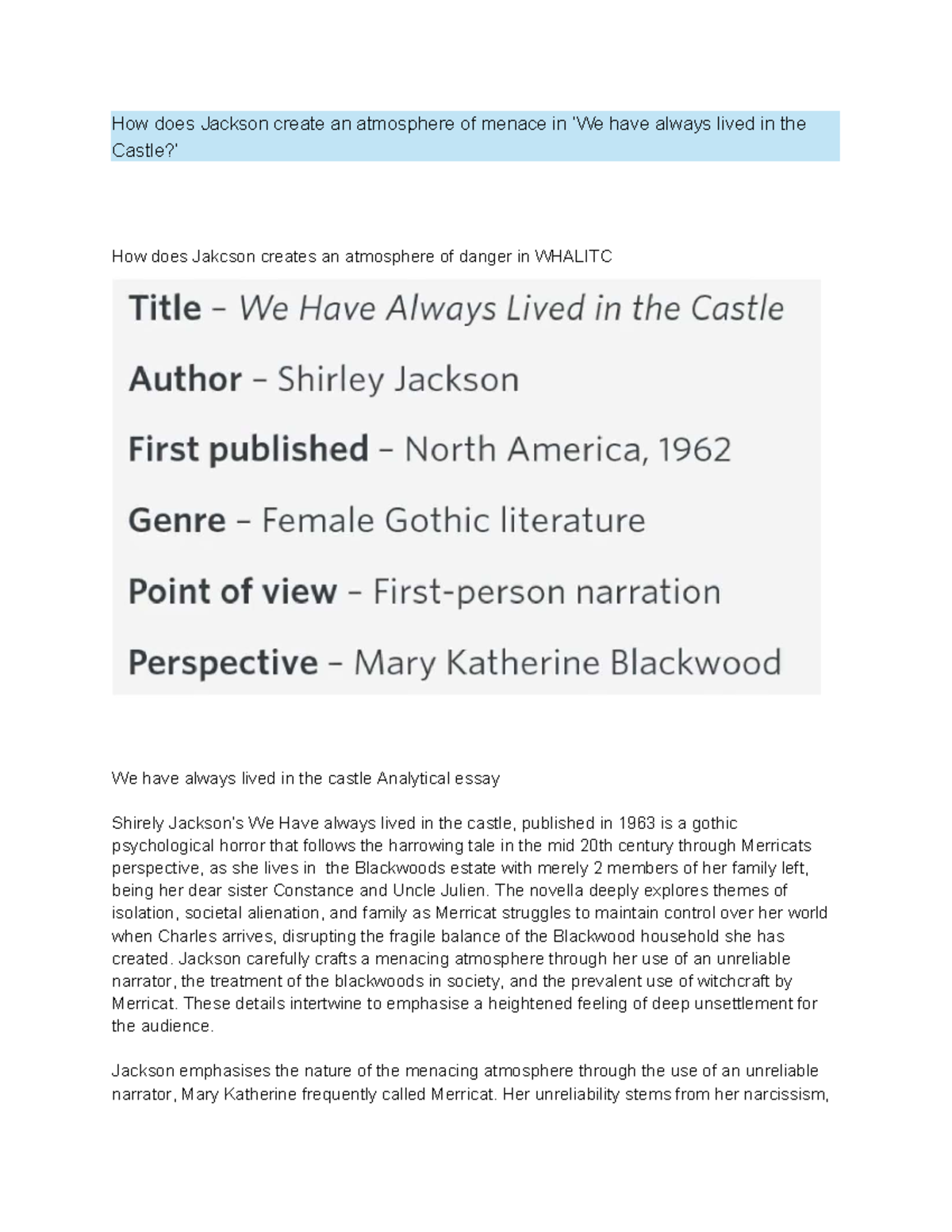 Unit 3 English Essay: Analyzing Menace in "We Have Always Lived in the ...