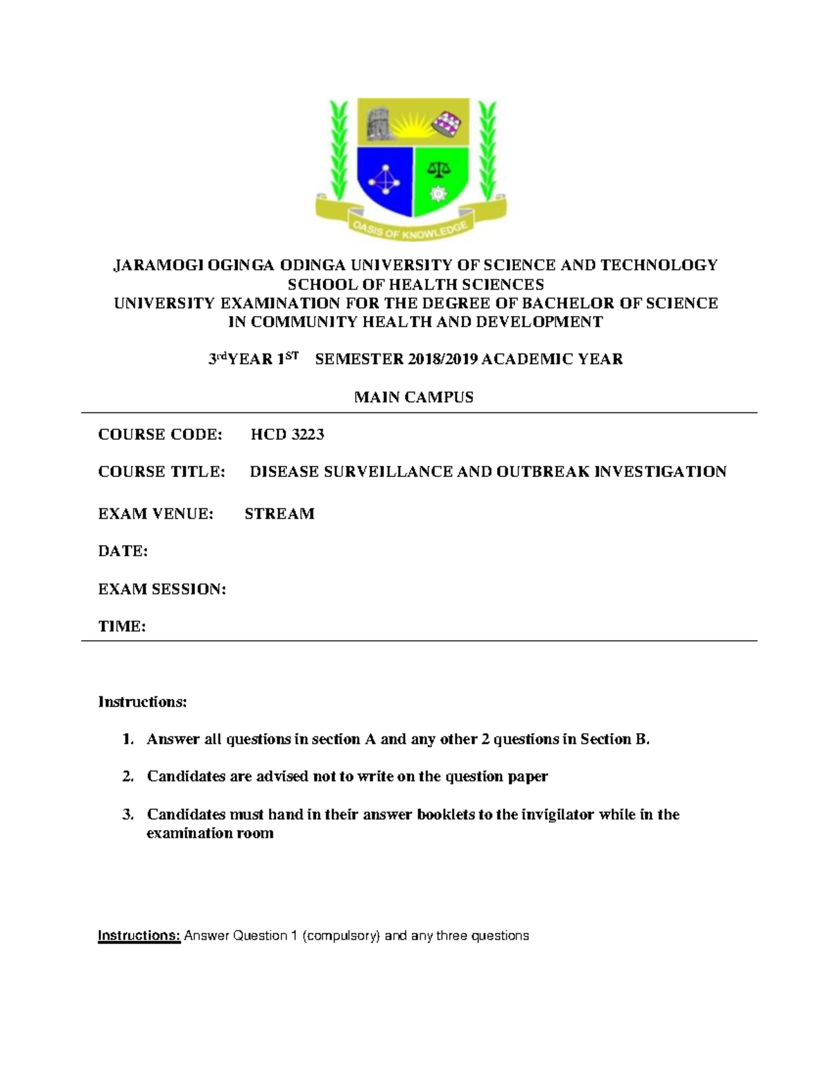 HCD 3223 - Disease Surveillance & Outbreak Investigation Exam - Studocu