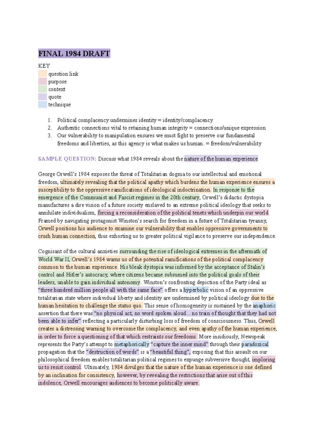 FINAL HSC 2023: Exploring the Human Experience in Orwell's 1984 and Its ...