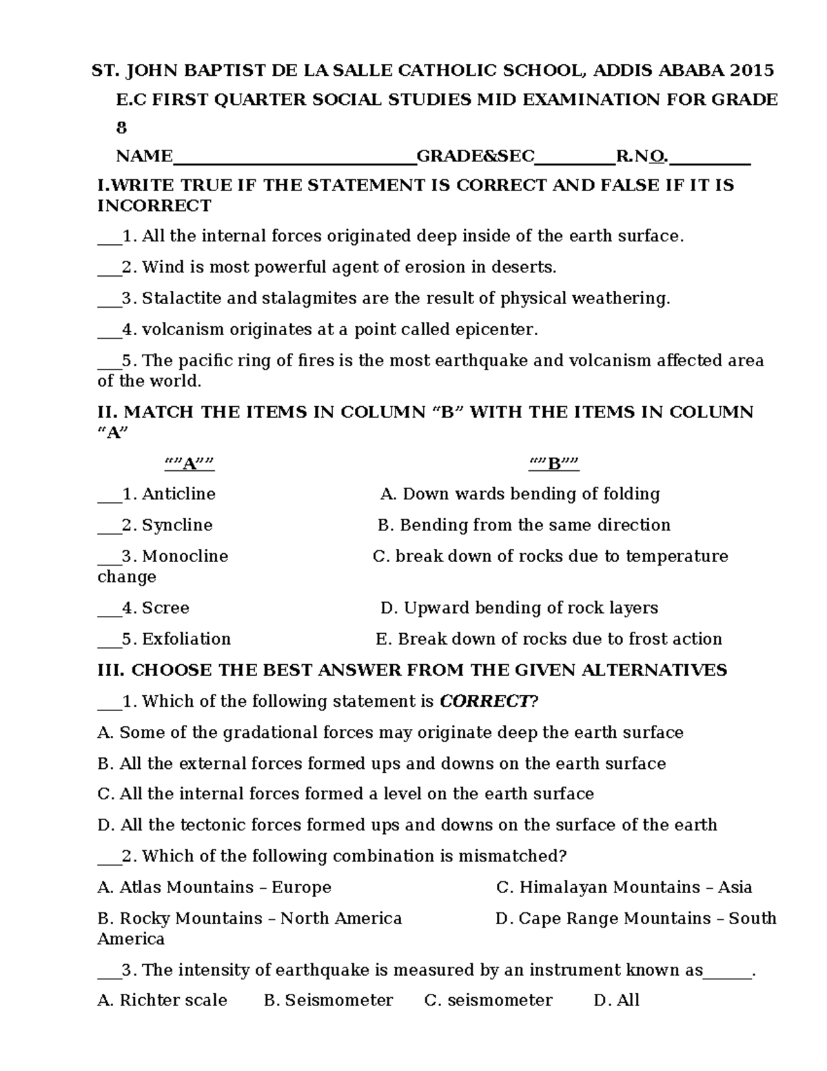 Grade 8 Social Studies Mid Exam (2015 E.C) - St. John Baptist De La ...