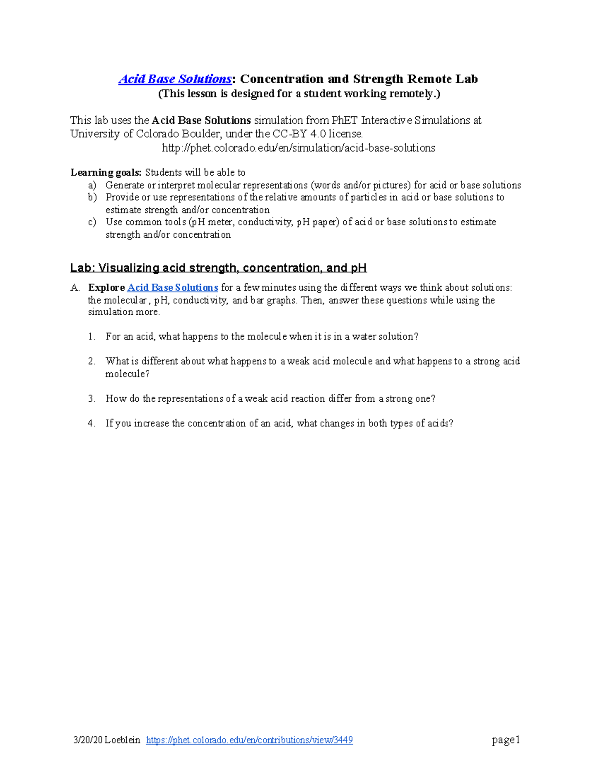 Acid-Base Solutions: Strength & Concentration Lab (PHET Lab) - Studocu