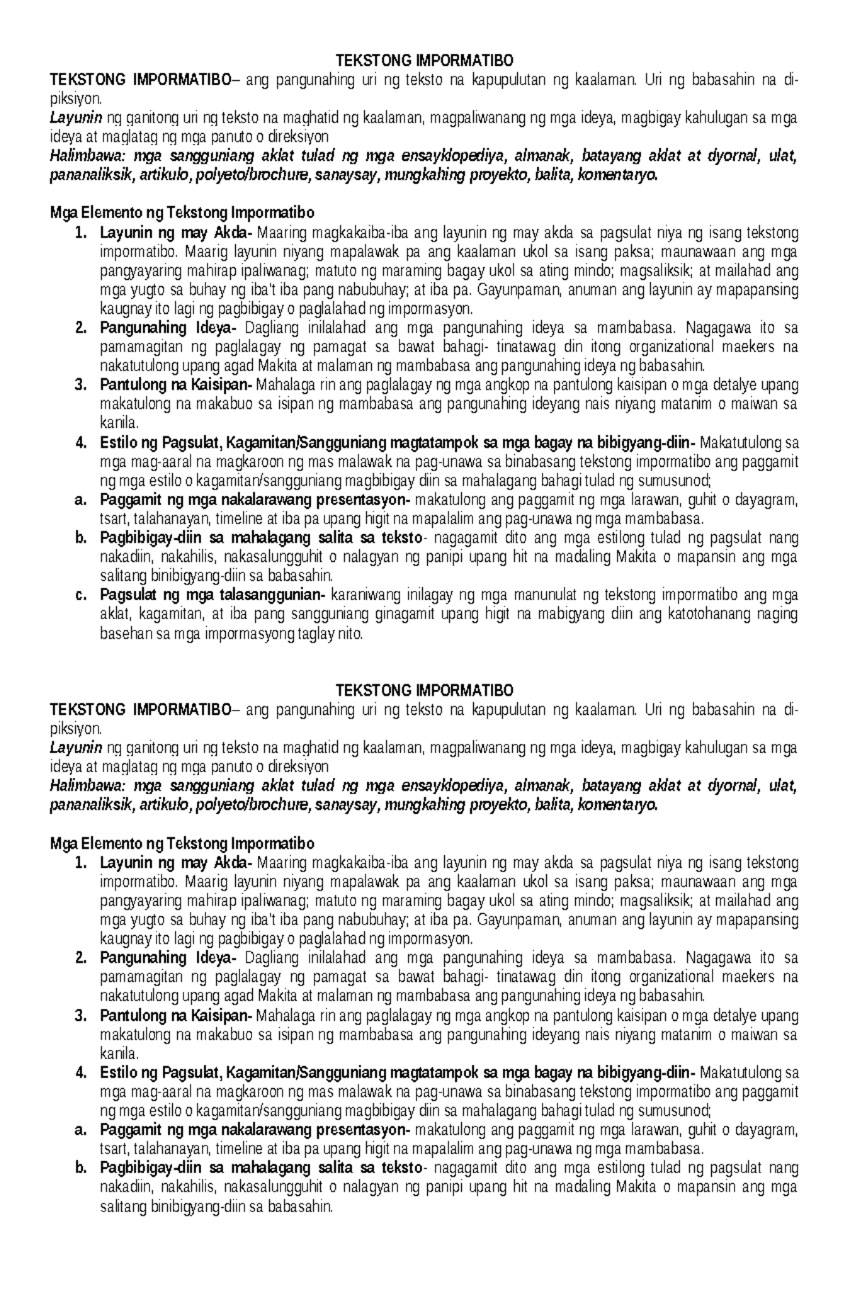 TEKSTONG IMPORMATIBO: Mga Elemento at Layunin ng Pagsulat - Studocu