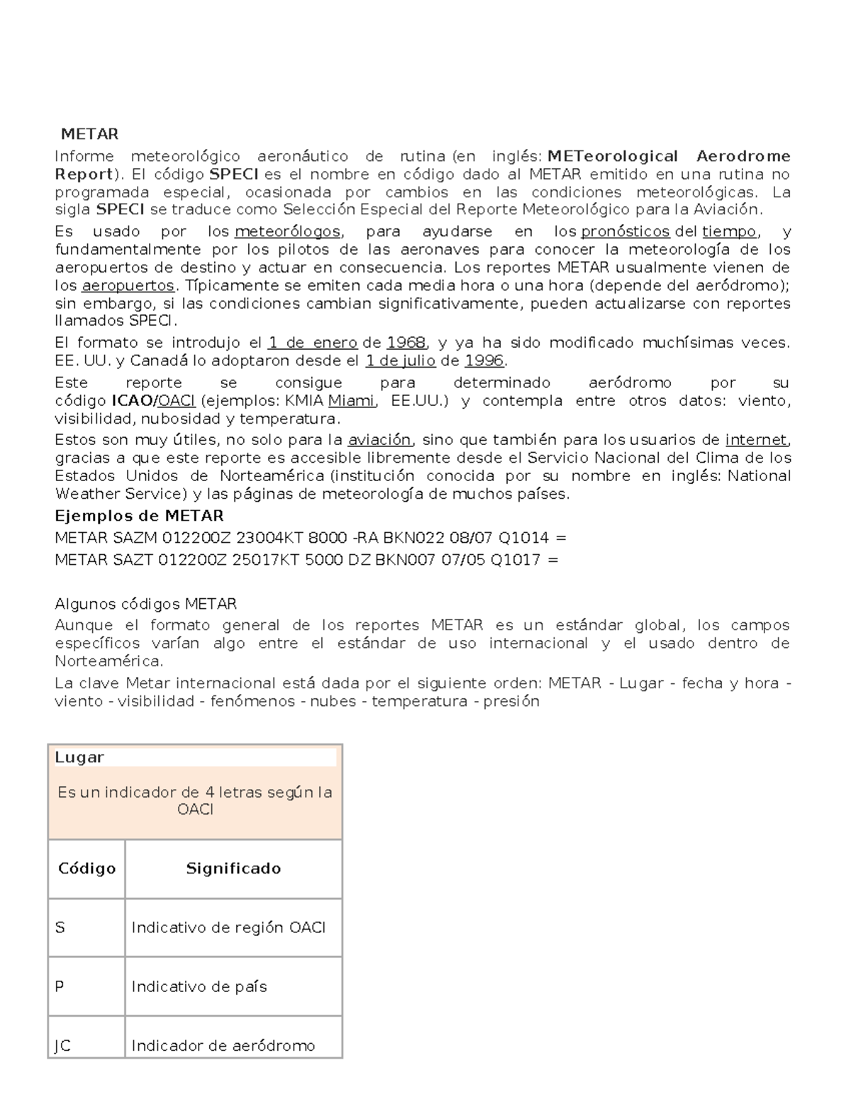 METAR y SPECI: Informe Meteorológico Aeronáutico y Abreviaturas - Studocu