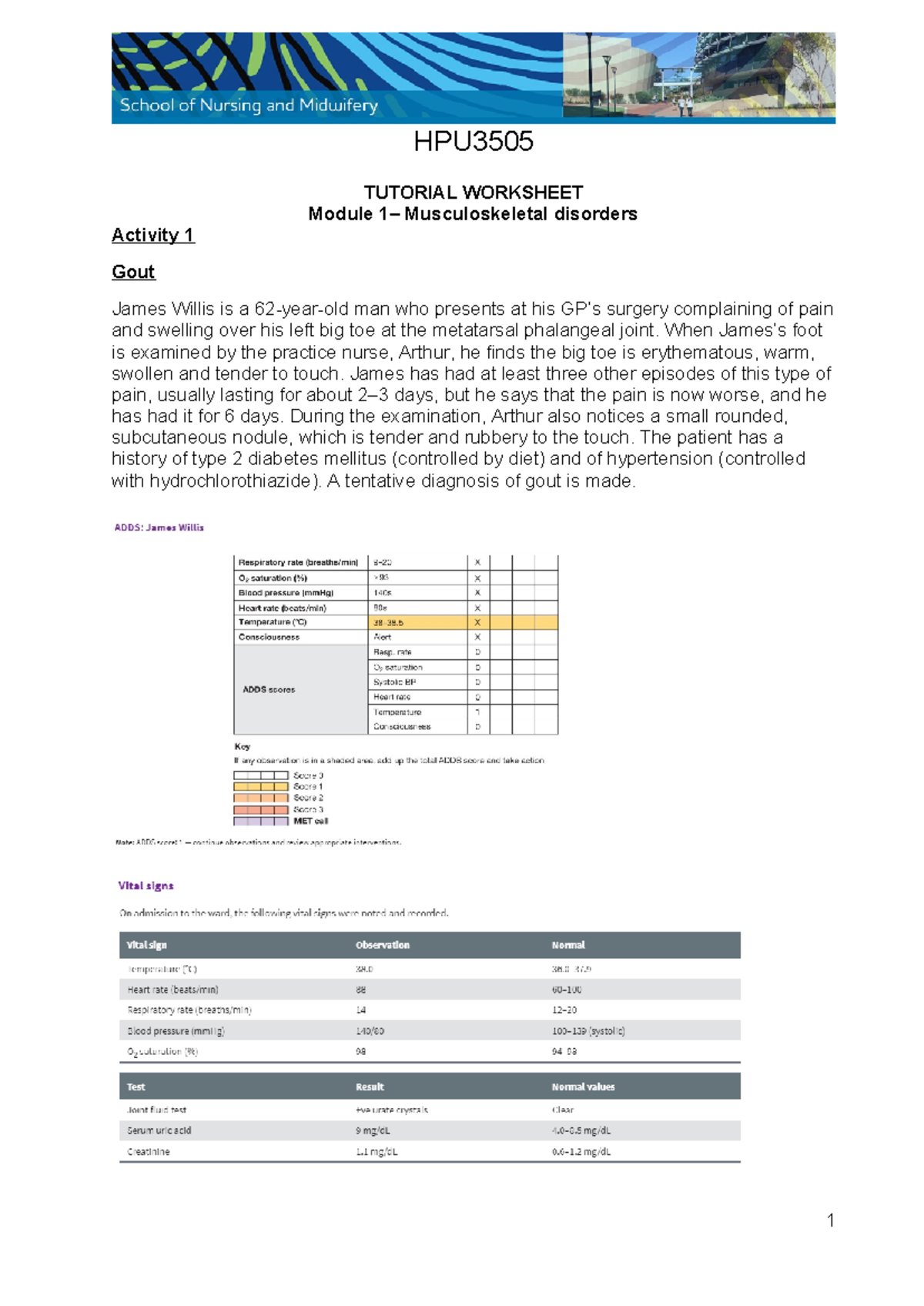 HPU3505 Week 1 Tutorial Worksheet on Gout and Patient Care Activities ...