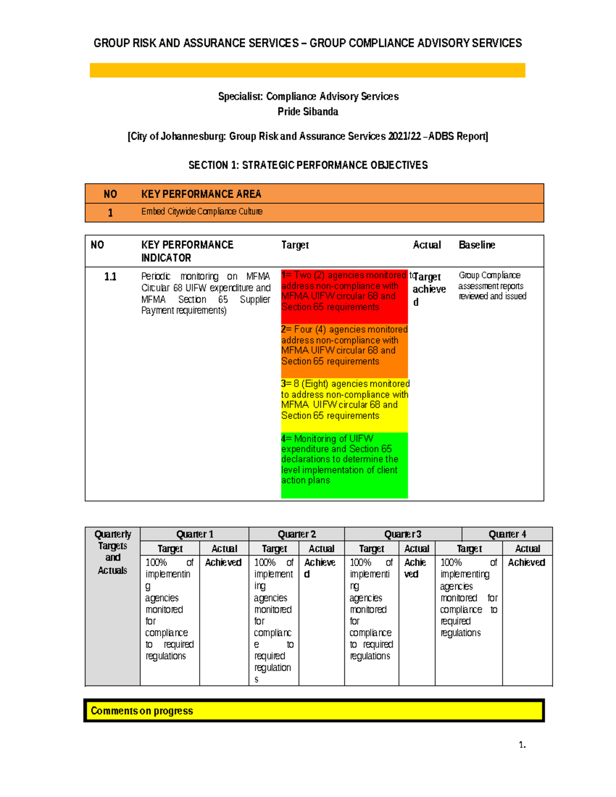 Pride ADBS 2021/22 - Performance Agreement Compliance Review - Studocu