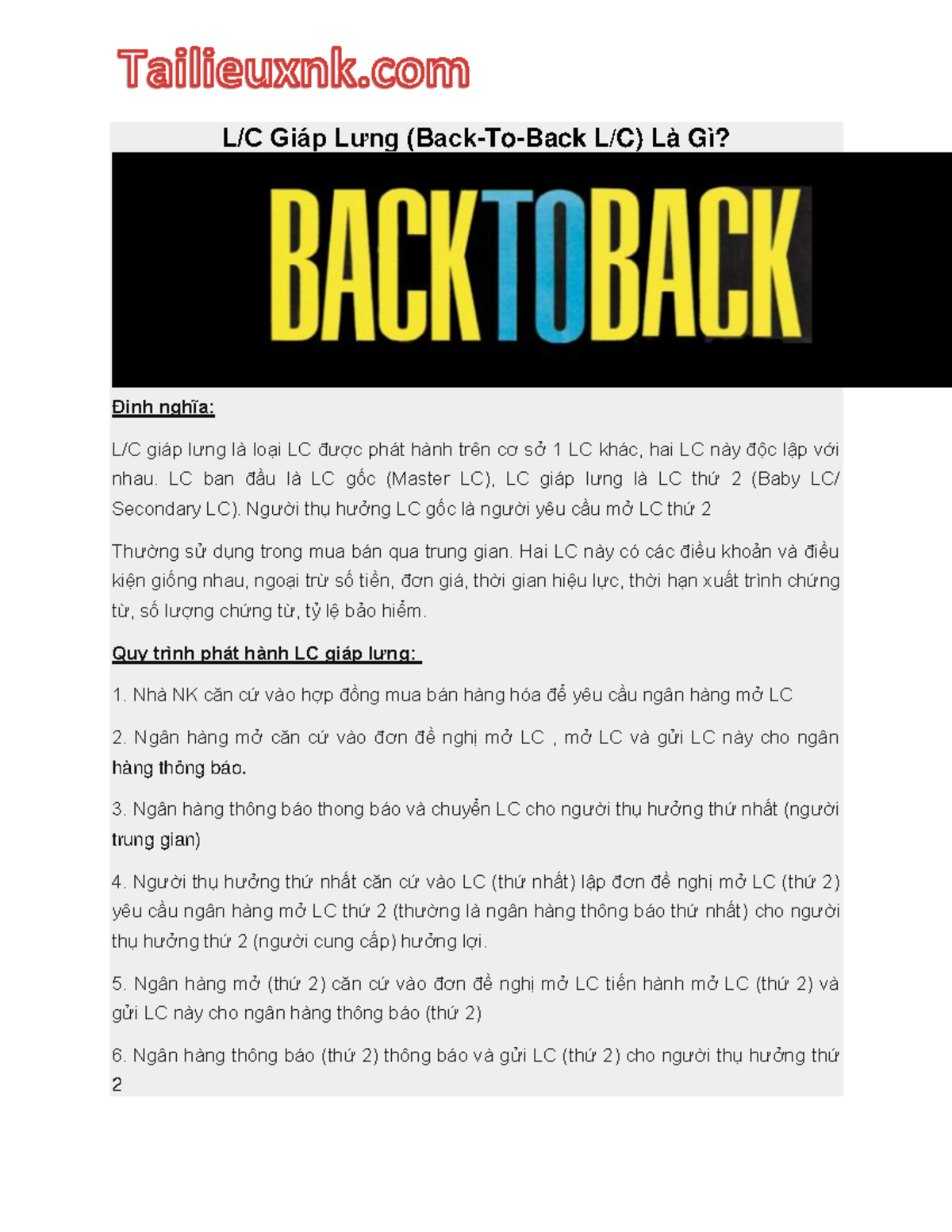 124 - Định Nghĩa và Quy Trình L/C Giáp Lưng (Back-To-Back L/C) - Studocu