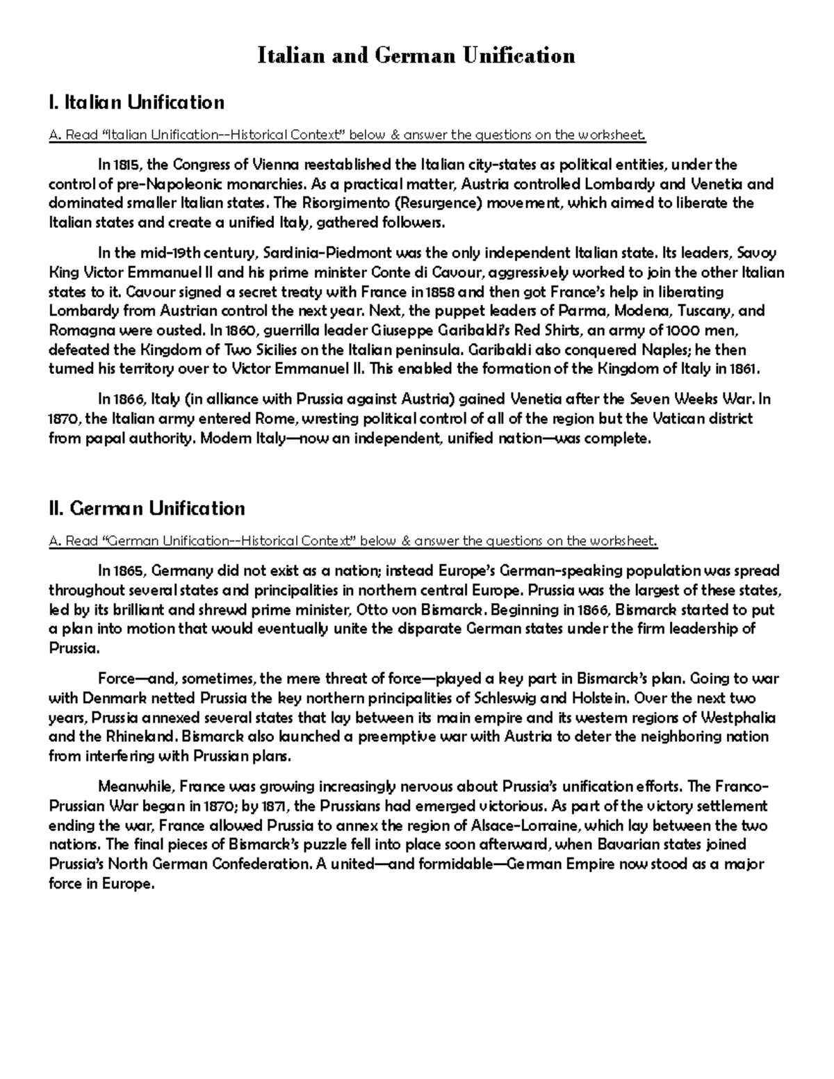 Italian and German Unification Map Activity (Historical Context) - Studocu
