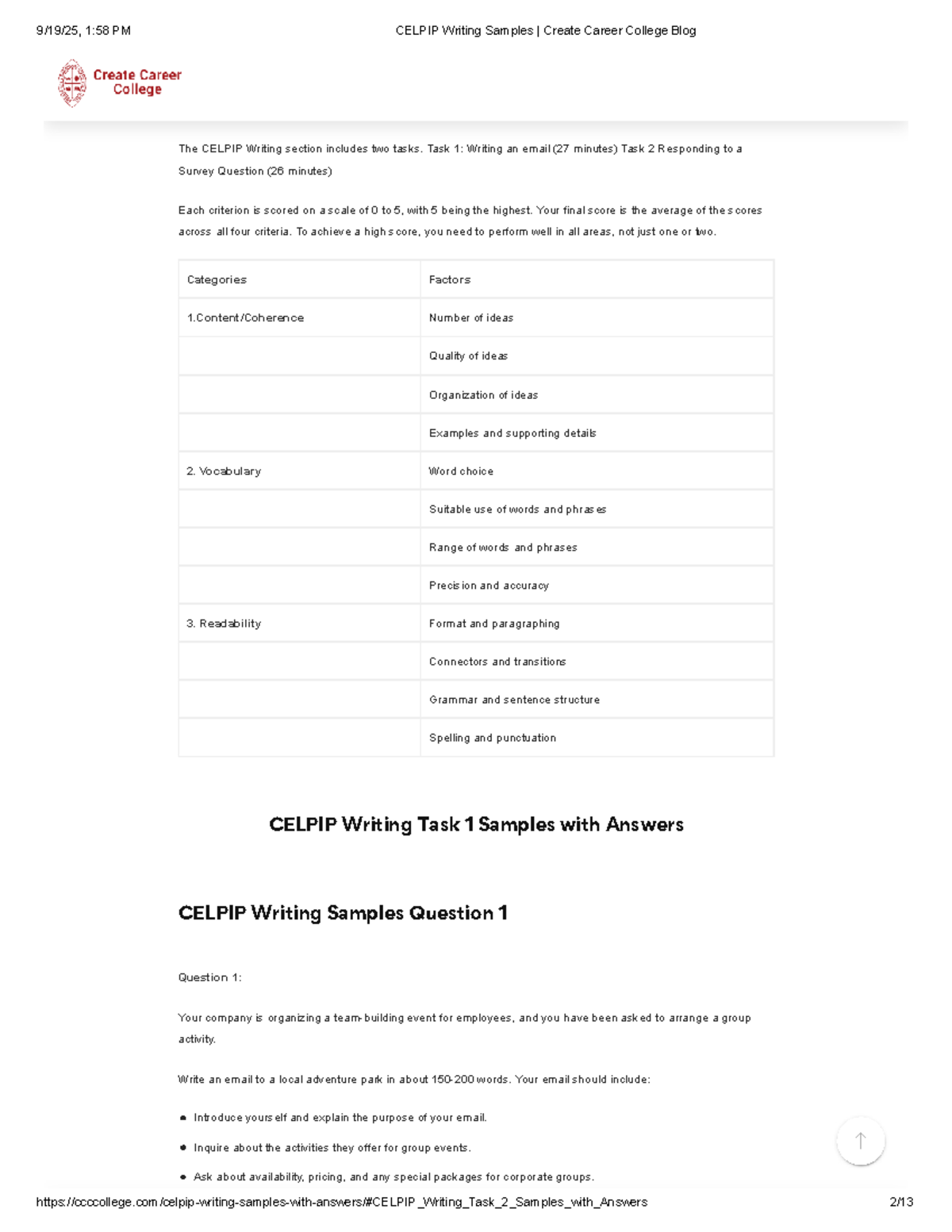 CELPIP Writing Samples: Email Tasks & Scoring Criteria - Studocu