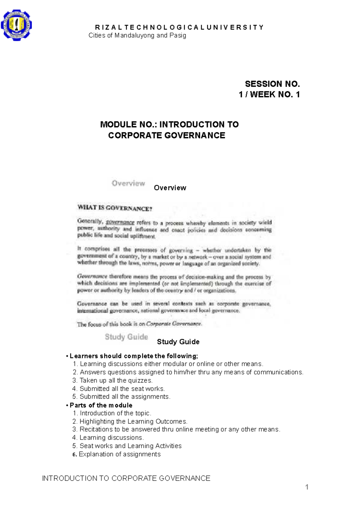 RIZALTECHNOLOGICALUNIVERSITY Introduction to Corporate Governance: Week ...
