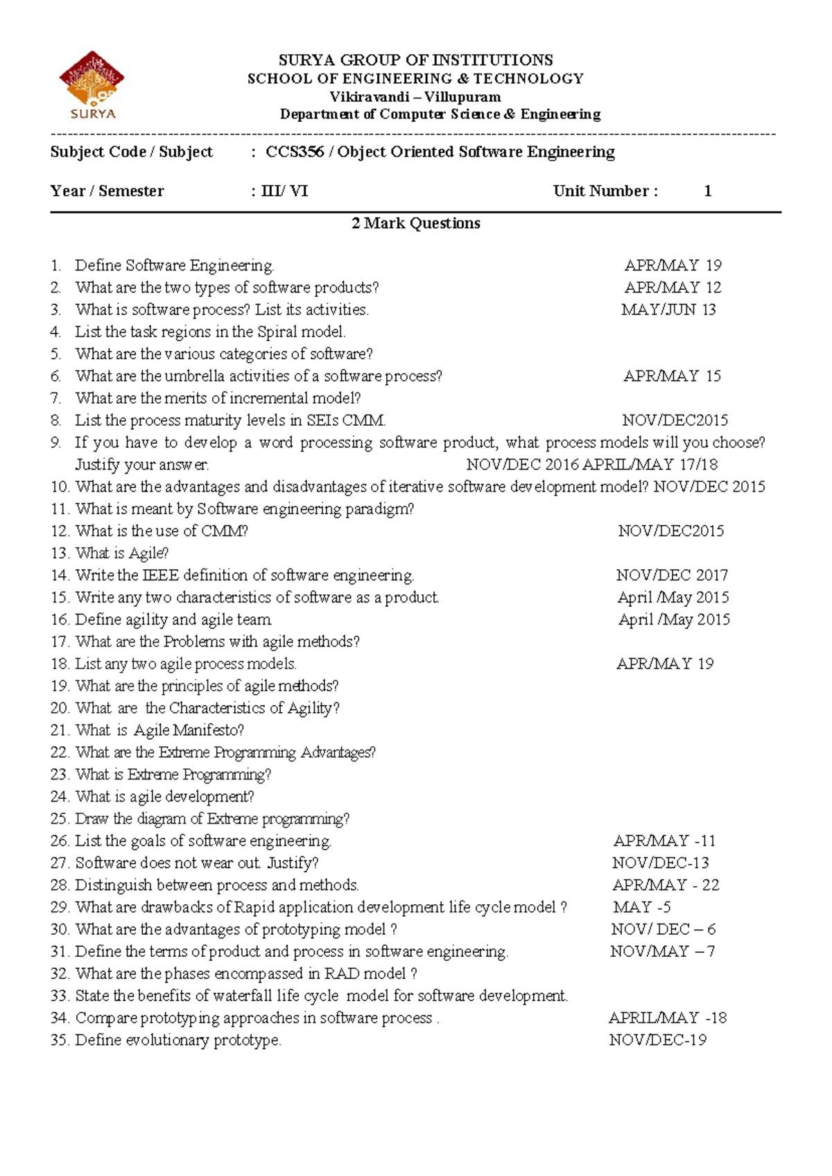CCS356 Midterm Question Bank on Object-Oriented Software Engineering ... CCS356 Midterm Question Bank on Object-Oriented Software Engineering ...