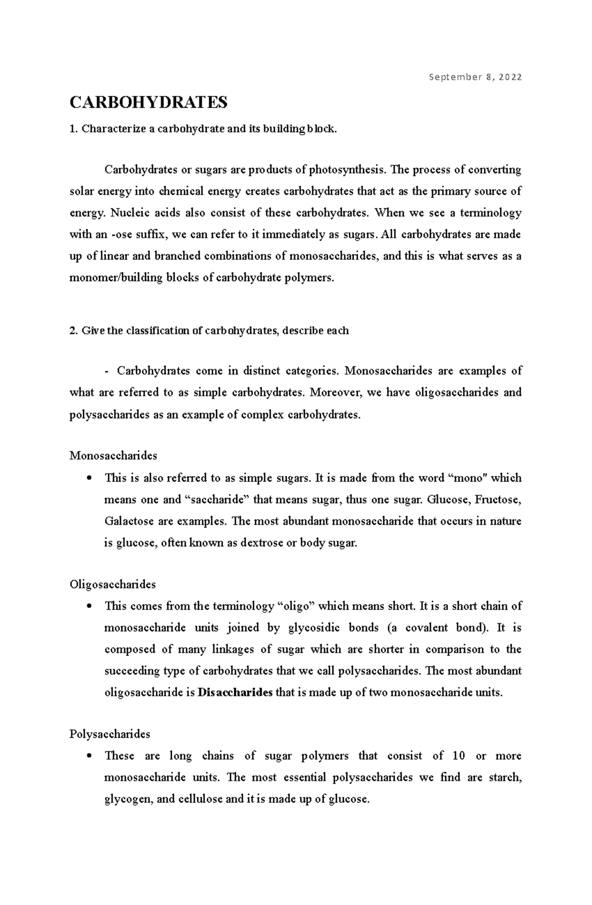BIOCHEMISTRY: Carbohydrates - September 8, 2022 CARBOHYDRATES ...