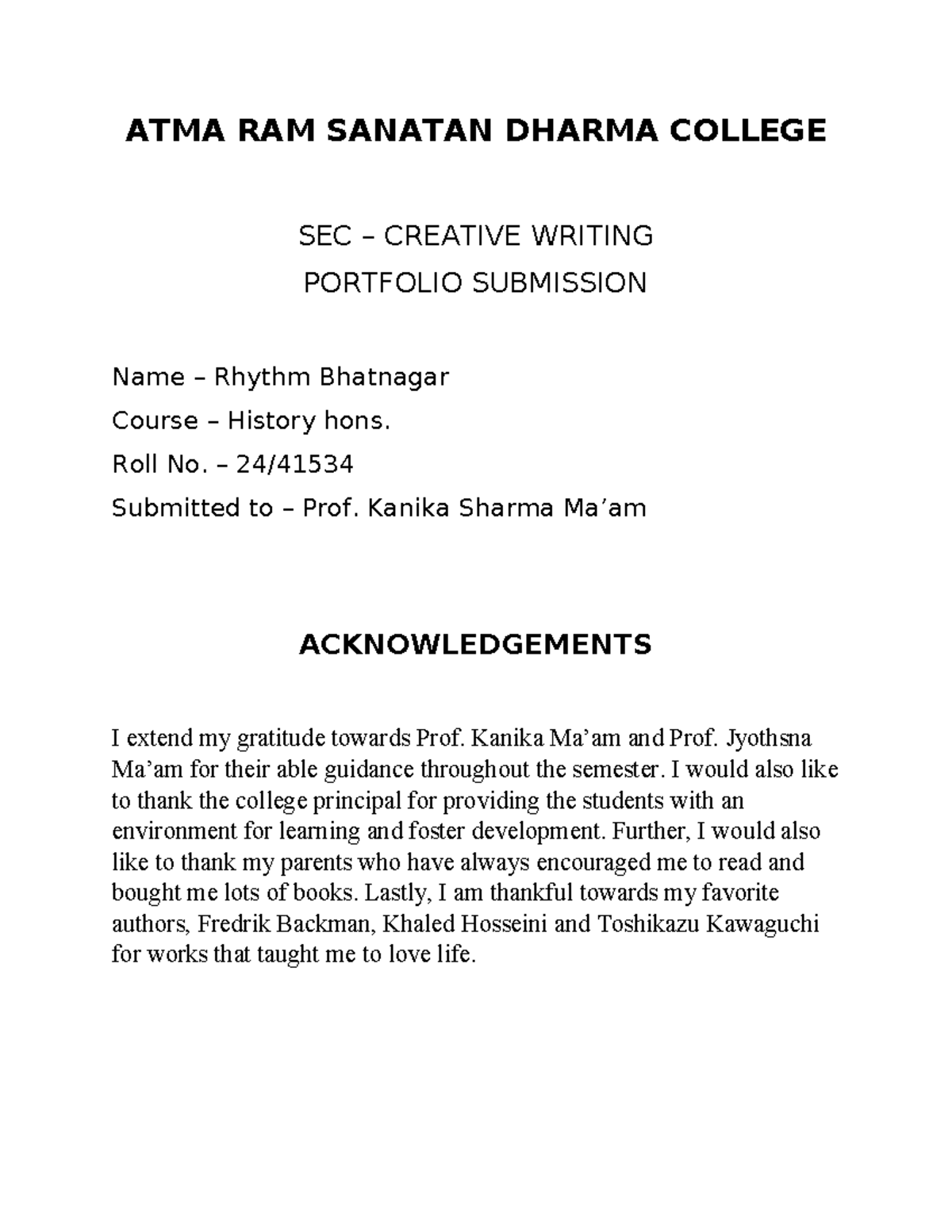SEC Creative Writing Portfolio Submission by Rhythm Bhatnagar - Studocu