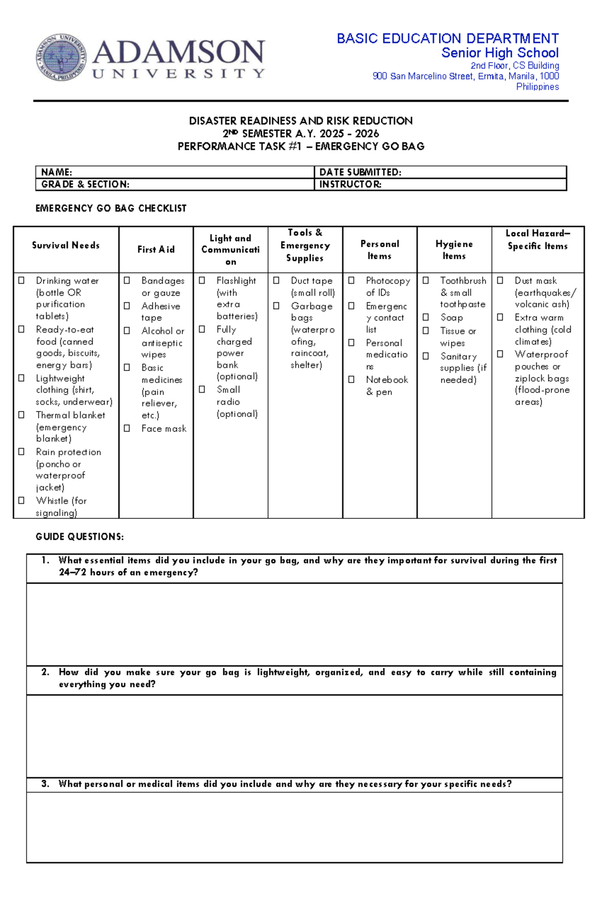 BASIC EDUCATION DEPT. 2nd Sem A.Y. 2025-2026 Go Bag Reflection Task ...