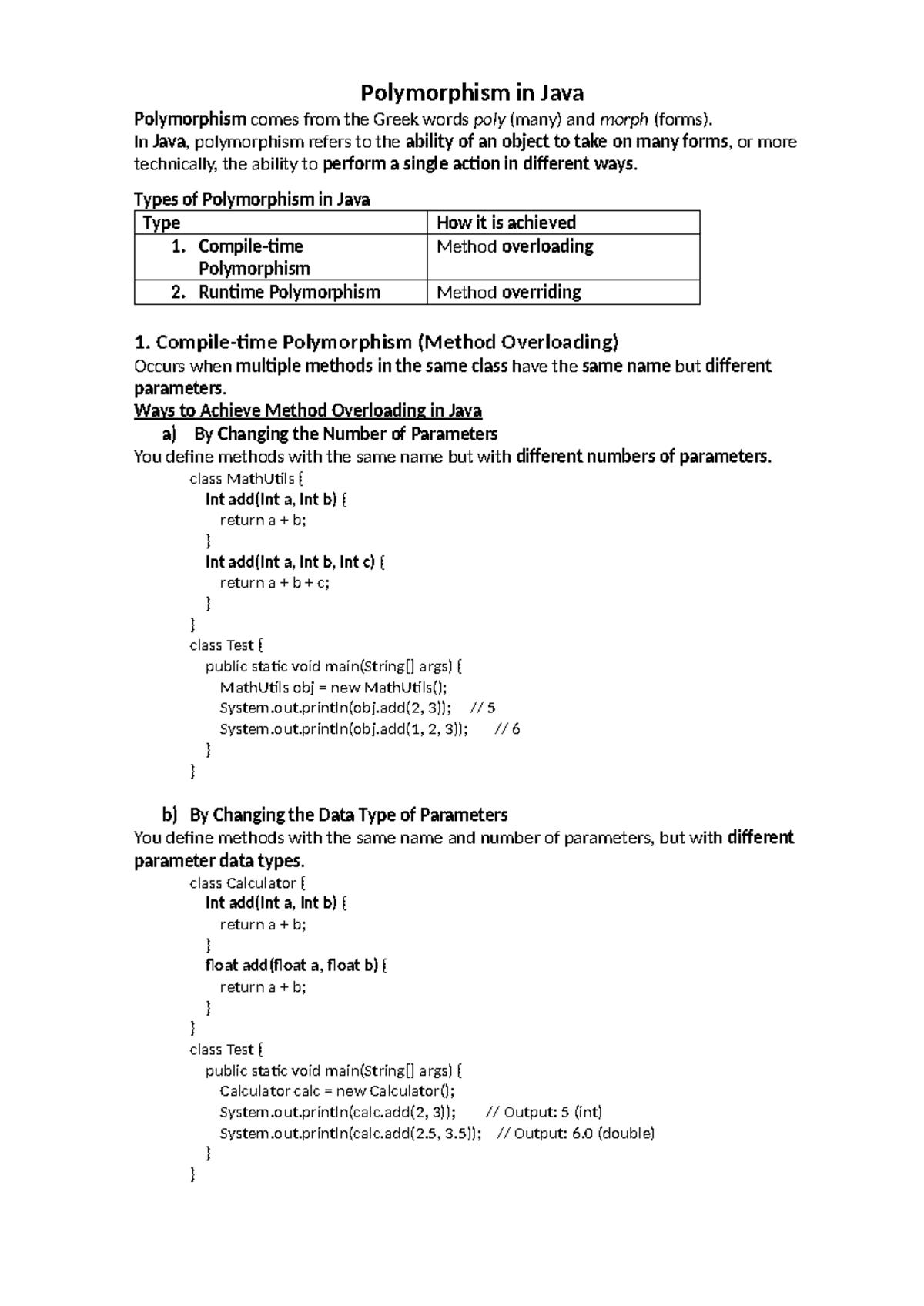 Java Polymorphism Lecture Notes: Understanding Forms and Methods - Studocu