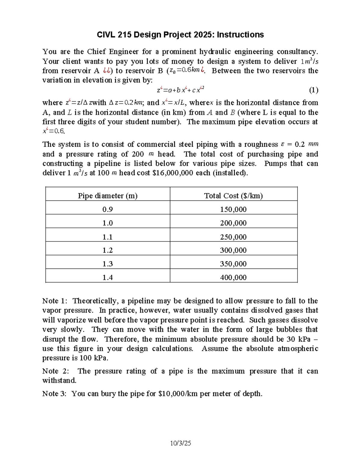 CIVL 215 Pipeline Design Project 2025: Detailed Instructions - Studocu