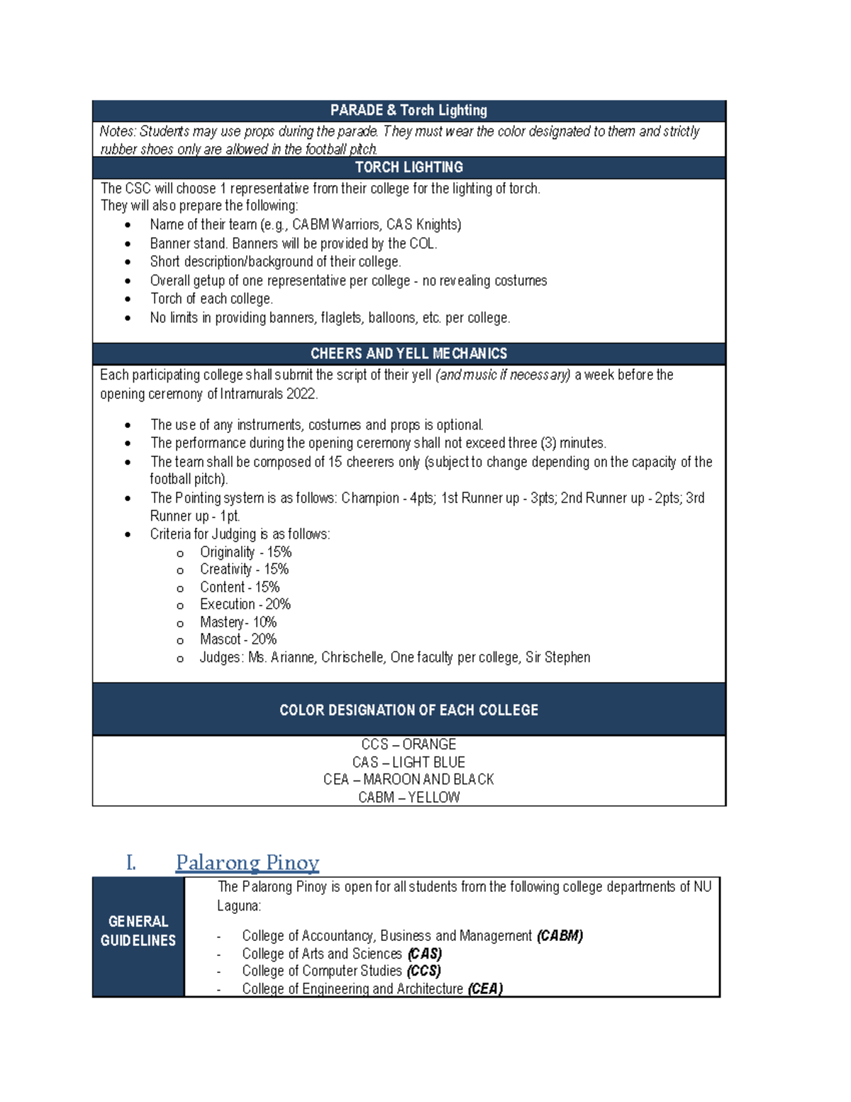 Intramurals-2022- Mechanics - PARADE & Torch Lighting Notes: Students ...