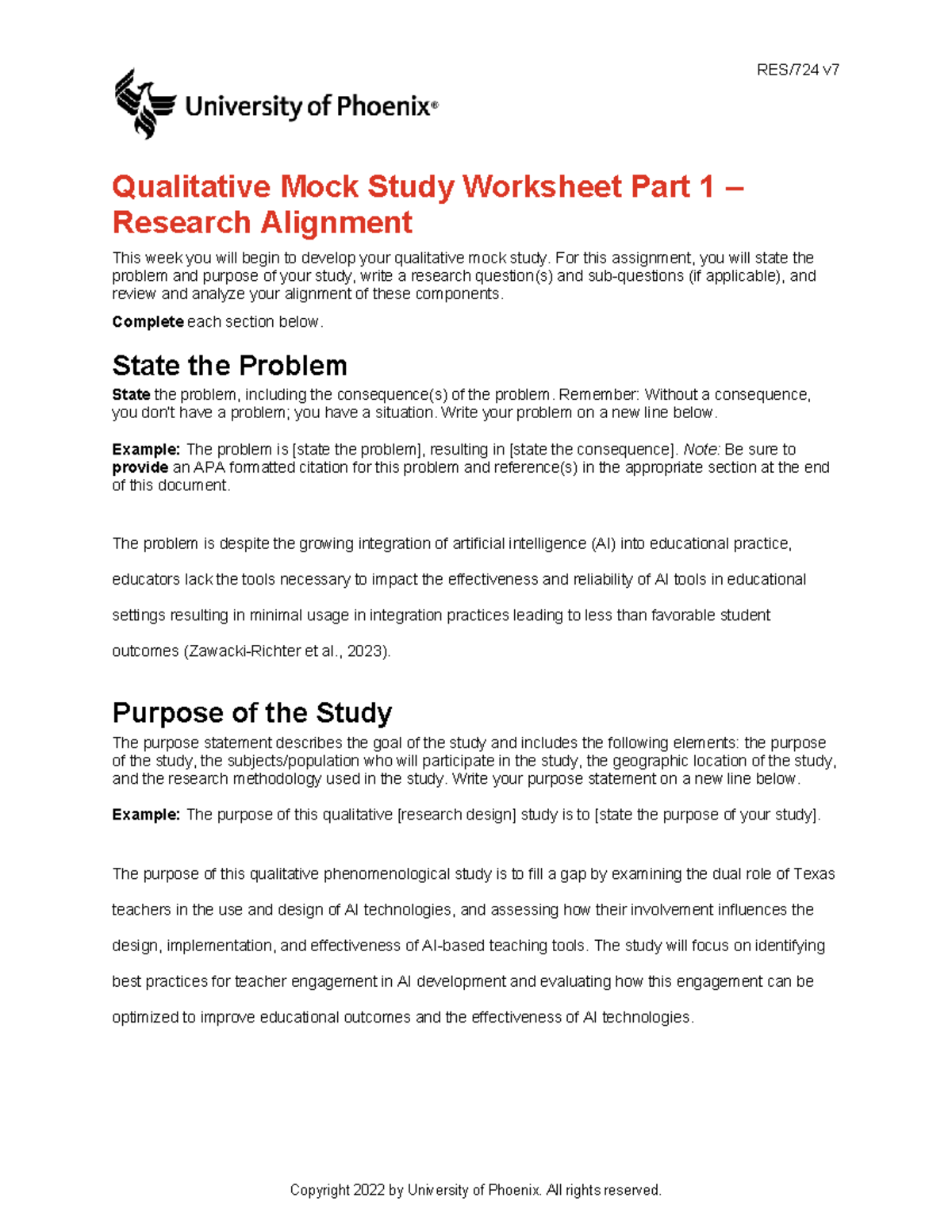 RES/724 v - Qualitative Mock Study Alignment Worksheet Part 1 - Studocu