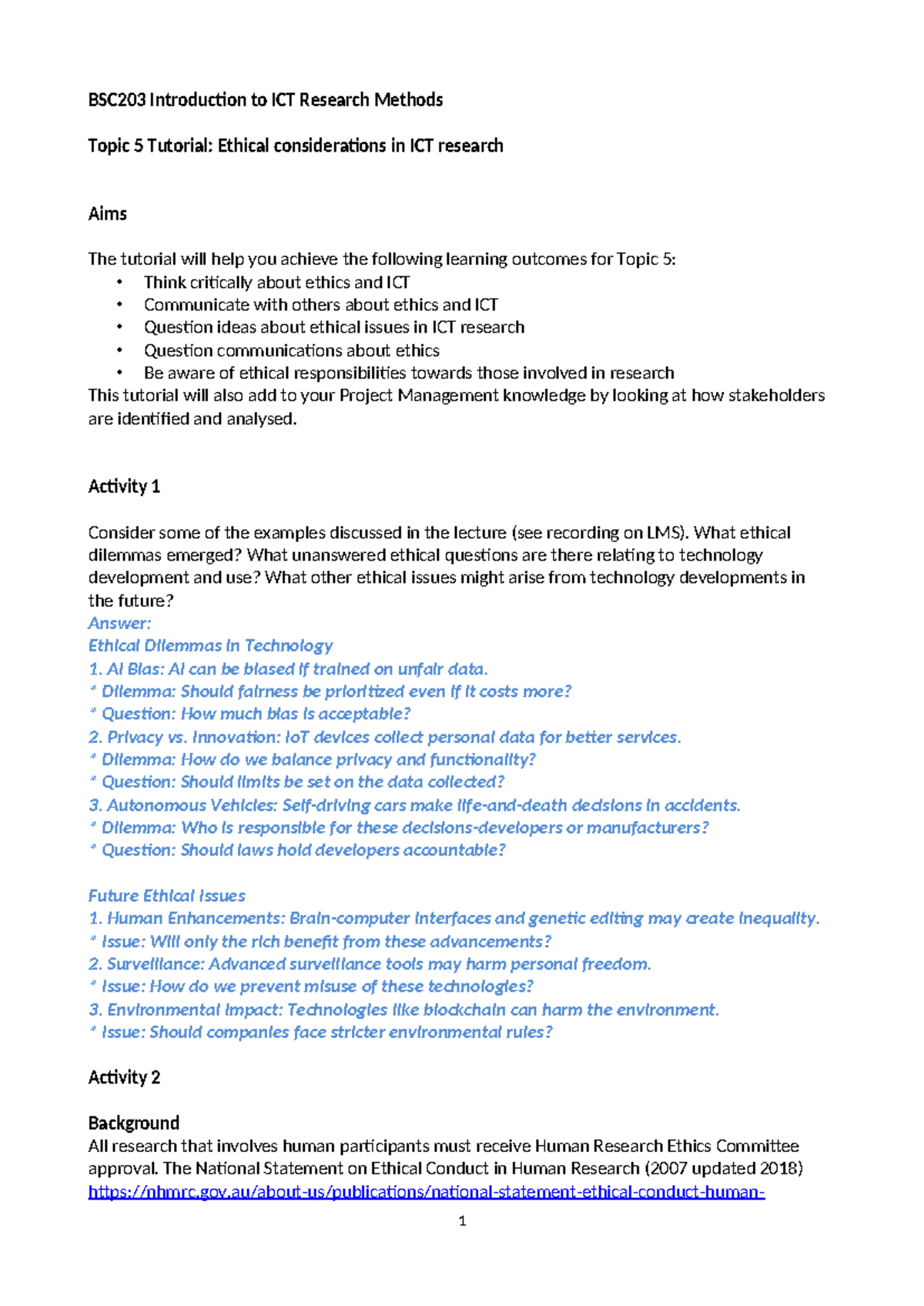 BSC203 Tutorial 5: Ethical Considerations in ICT Research Methods - Studocu