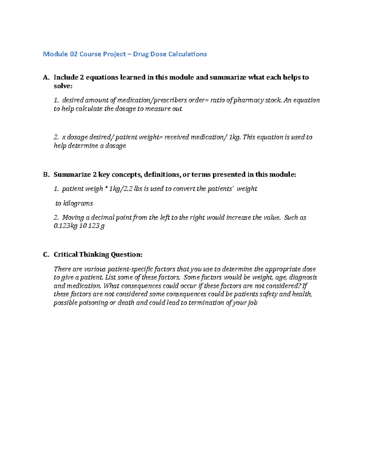 Drug dose calculations- module 2 - Module 02 Course Project – Drug Dose ...
