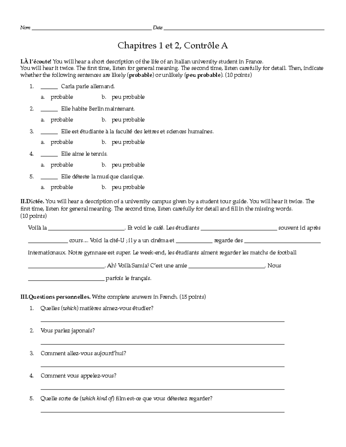 Chapitres 1 et 2, Contrôle A - Évaluation de la Vie Étudiante en France ...