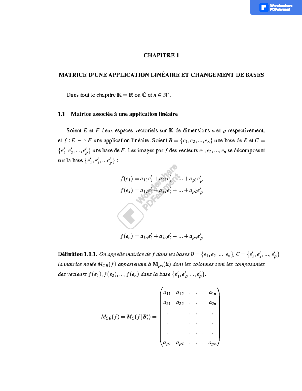 MATRICE et DIAGONALISATION ET TRIGONALISATION - CHAPITRE 1 MATRICE D’UNE APPLICATION LINÉAIRE ET ...
