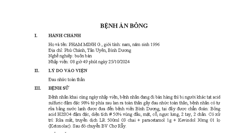 BỆNH ÁN BỎNG ACID H2SO4 ĐẬM ĐẶC - BA BONG - Studocu