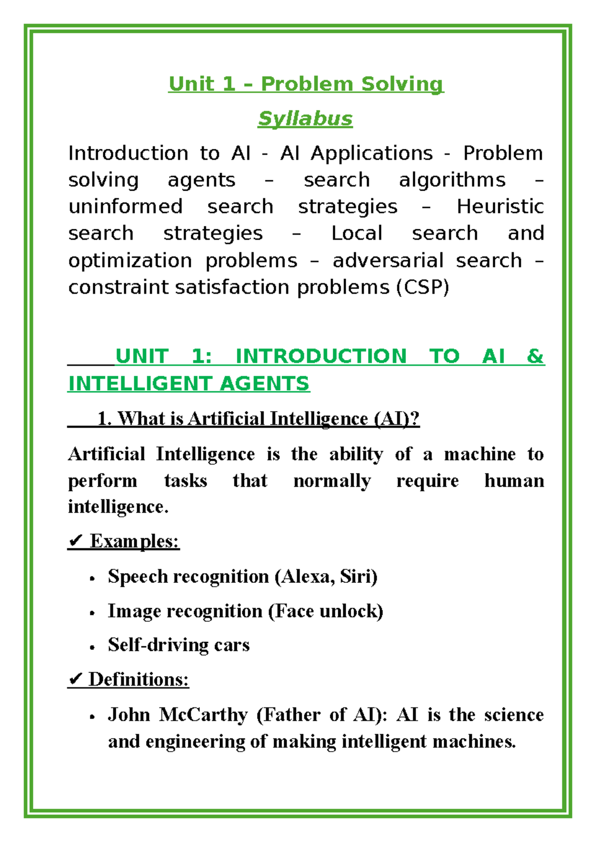 Unit 1 - CS3491 AI Problem Solving and Intelligent Agents Notes - Studocu