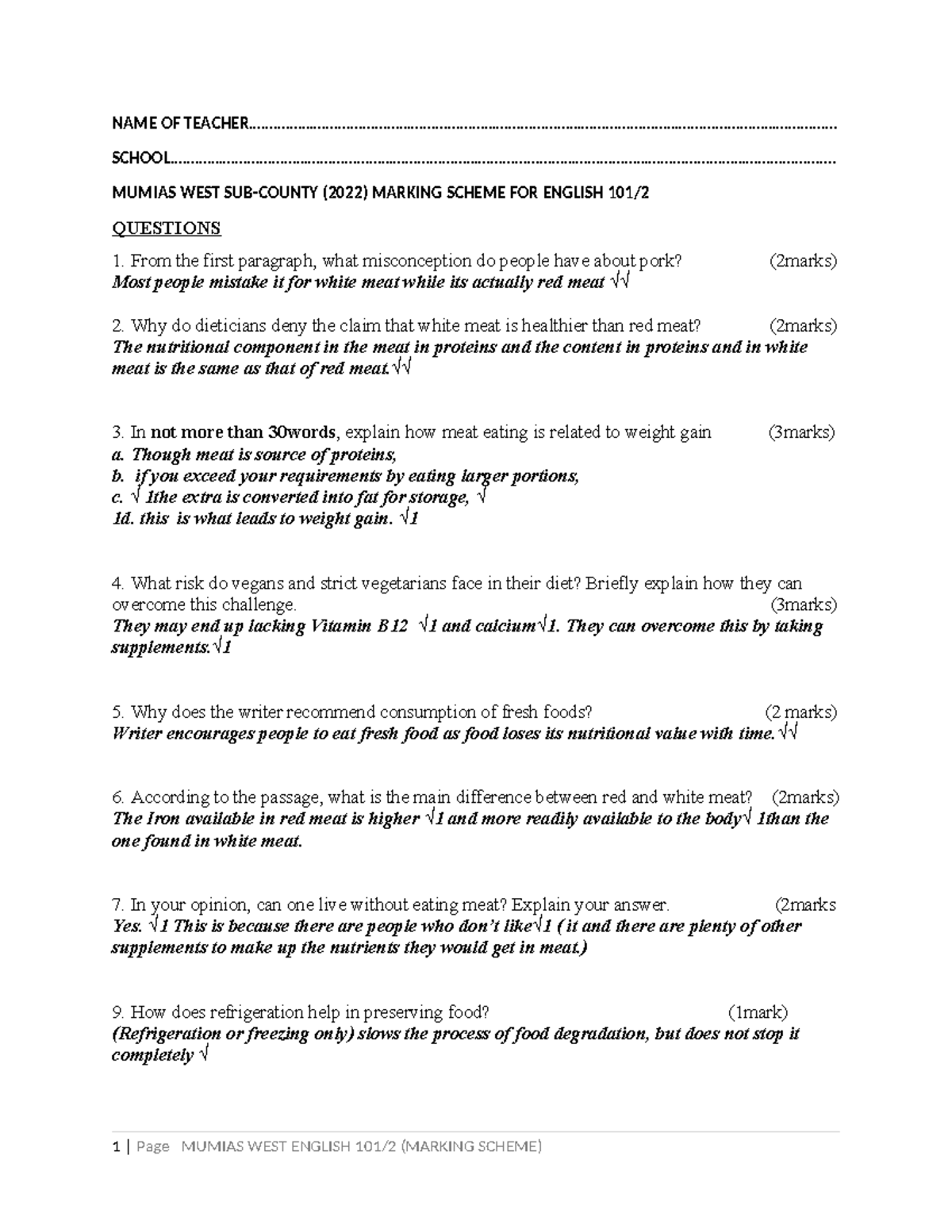 MUMIAS WEST ENGLISH PP2 MARKING SCHEME (2022) - Studocu