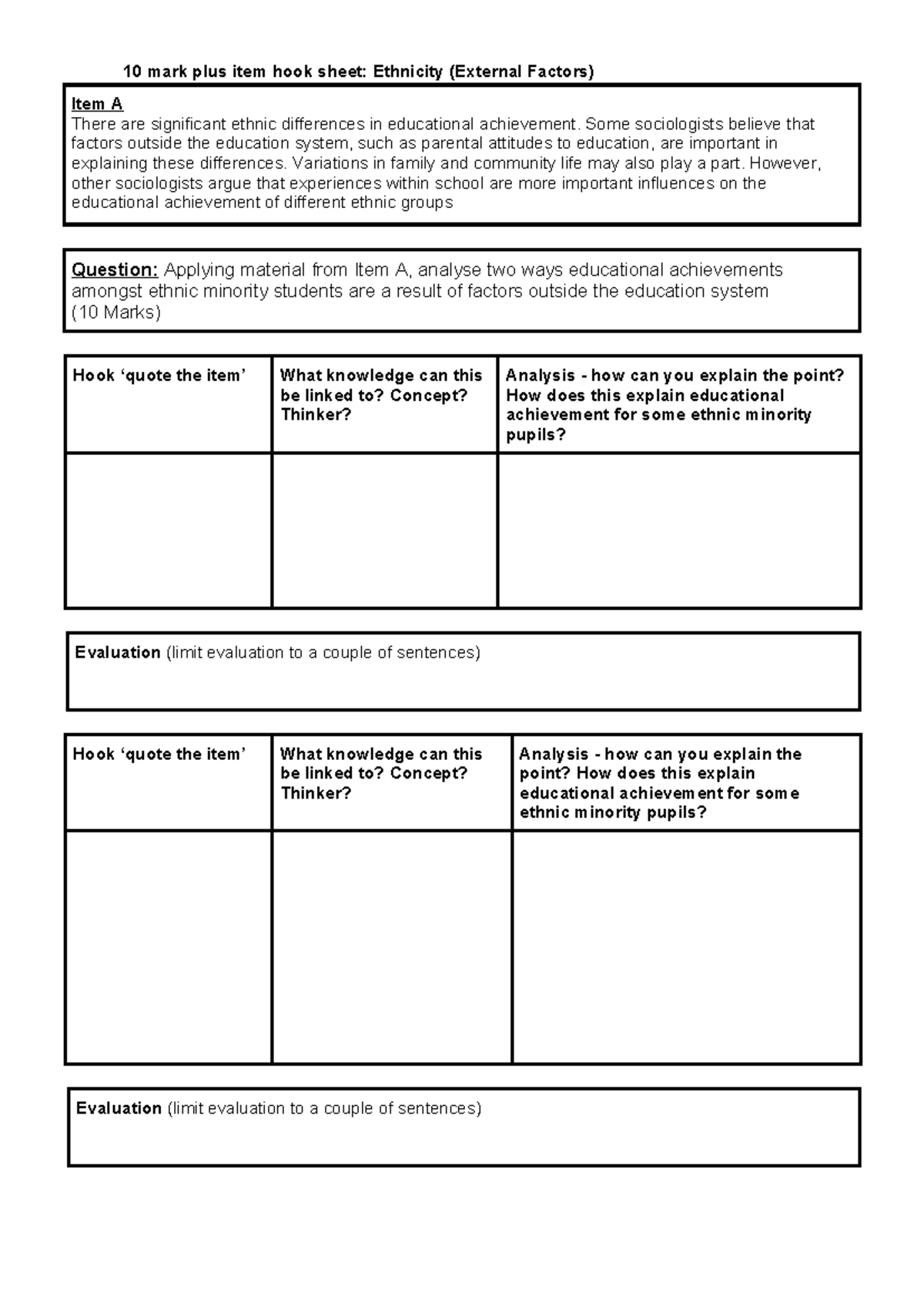 Task 4 - 10 Mark Hook Sheet: Ethnicity & External Factors Analysis ...