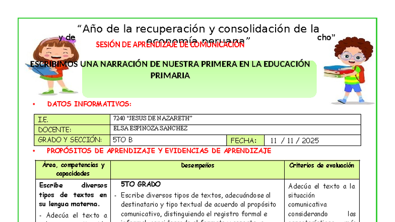 Sesión de Aprendizaje de Comunicación: Narración de Experiencias en 5to ...