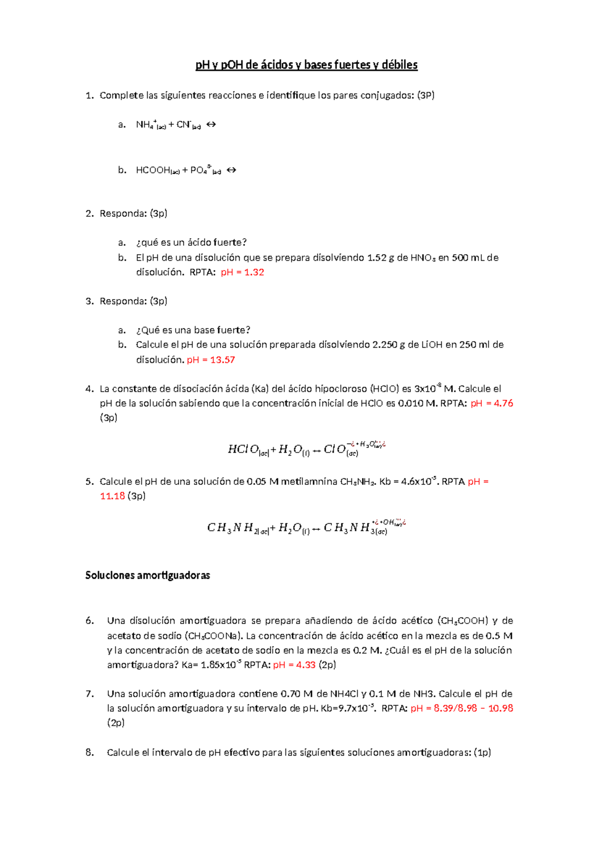 Ejercicios 7: Cálculo de pH y Soluciones Amortiguadoras - Studocu