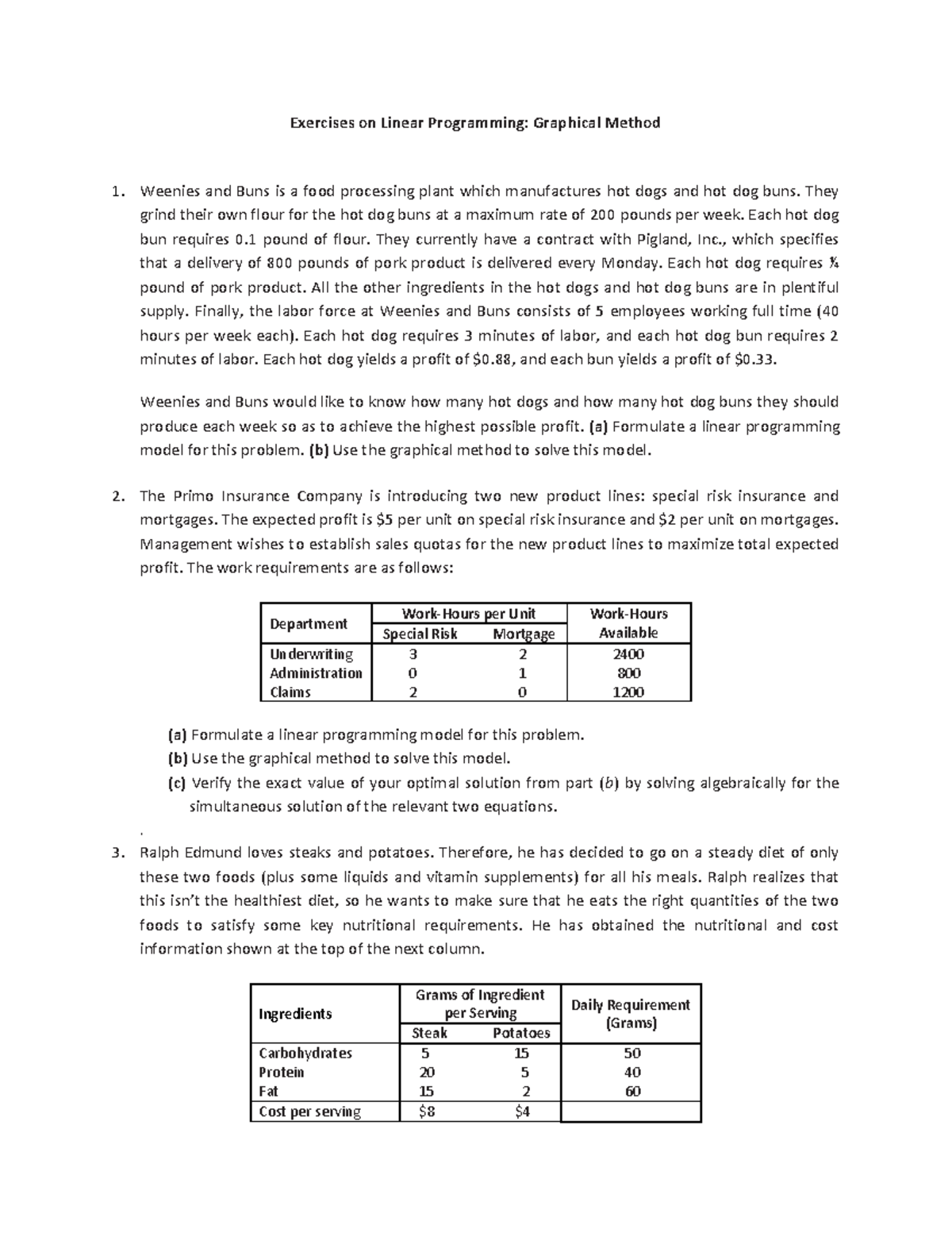 Linear Programming Exercises: Graphical Methods & Formulations - Studocu