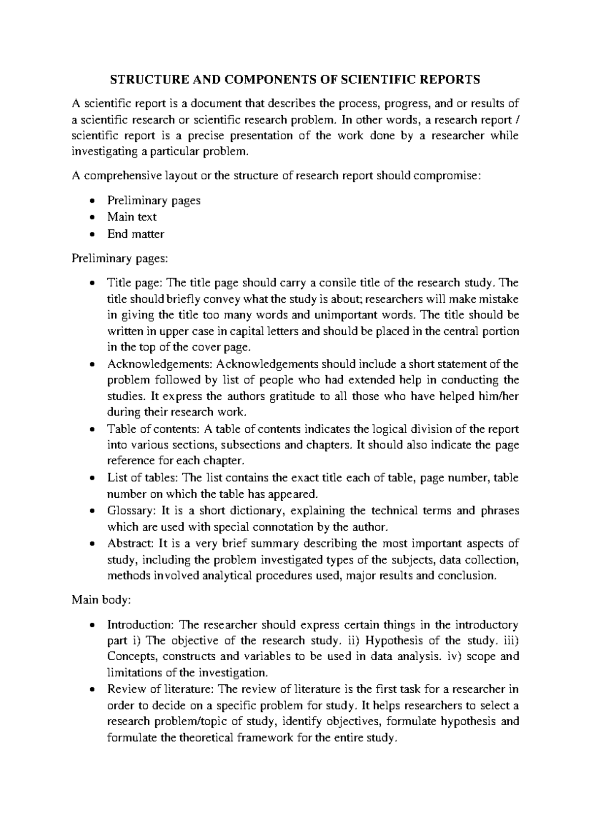 Structure and Components of Scientific Reports (Course Code: SCI101 ...