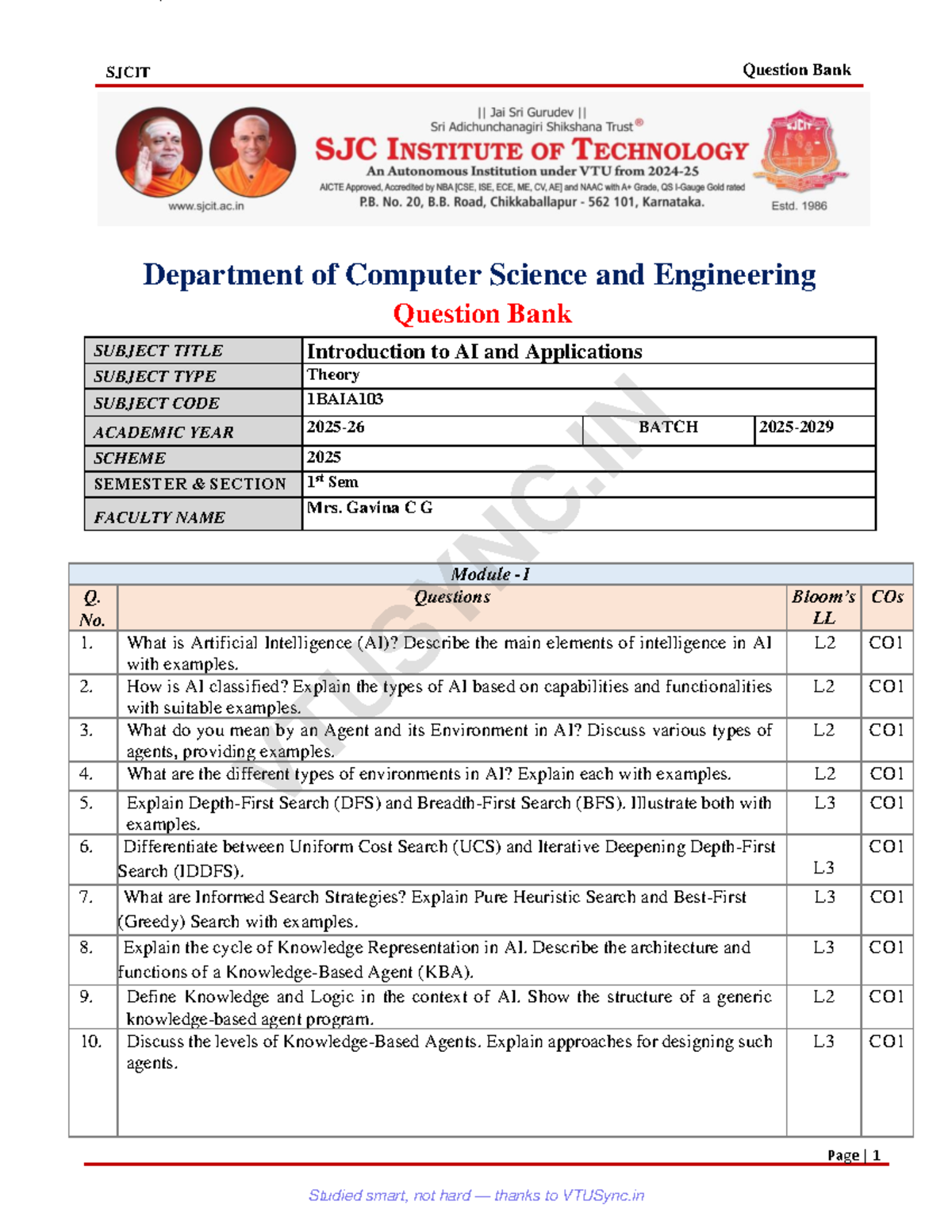 AI Question Bank SJCIT - 1st Sem - Introduction to AI and Applications ...