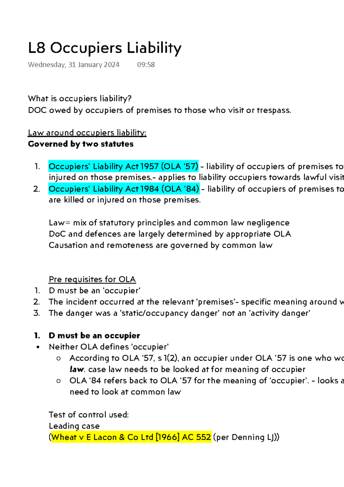 Occupiers Liability Overview: Key Acts and Case Law Insights - Studocu