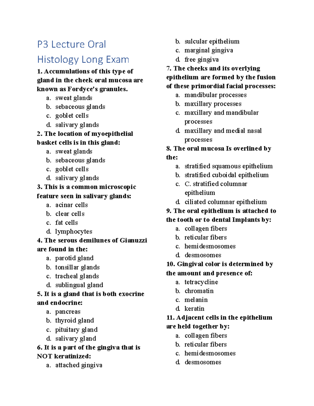 P3 Oral Histology Long Exam 1 Practice Questions - Studocu