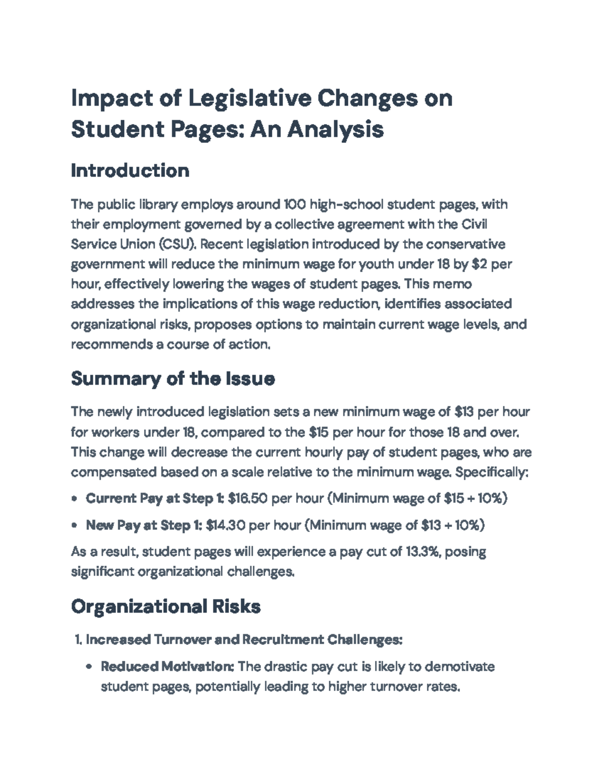 Impact of Legislative Changes on Wages for Student Pages: Risks ...