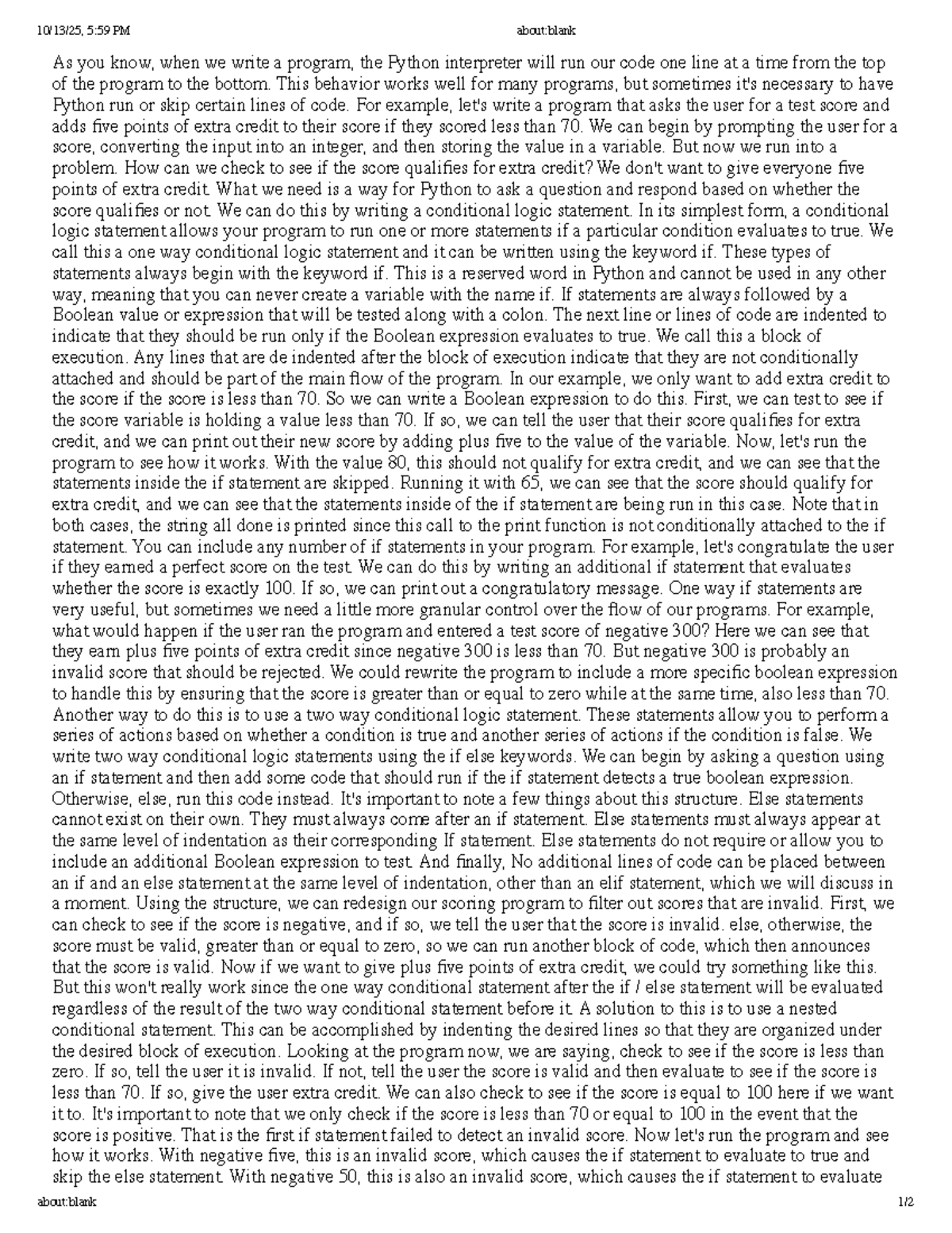 Conditional Logic Programming: Handling Scores in Python (CS101) - Studocu