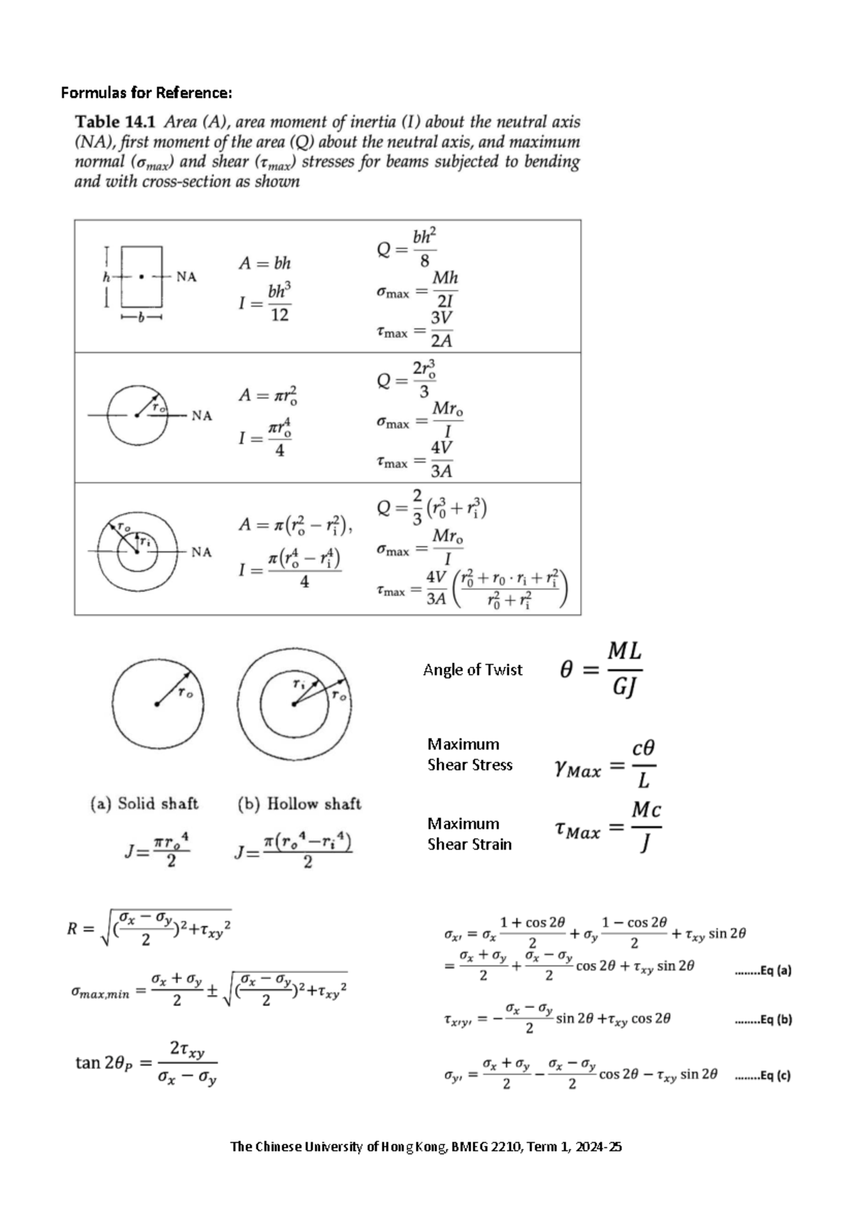2024-25 BMEG2210 Quiz3 Cheat Sheet - Orthopaedic Biomechanics and ...