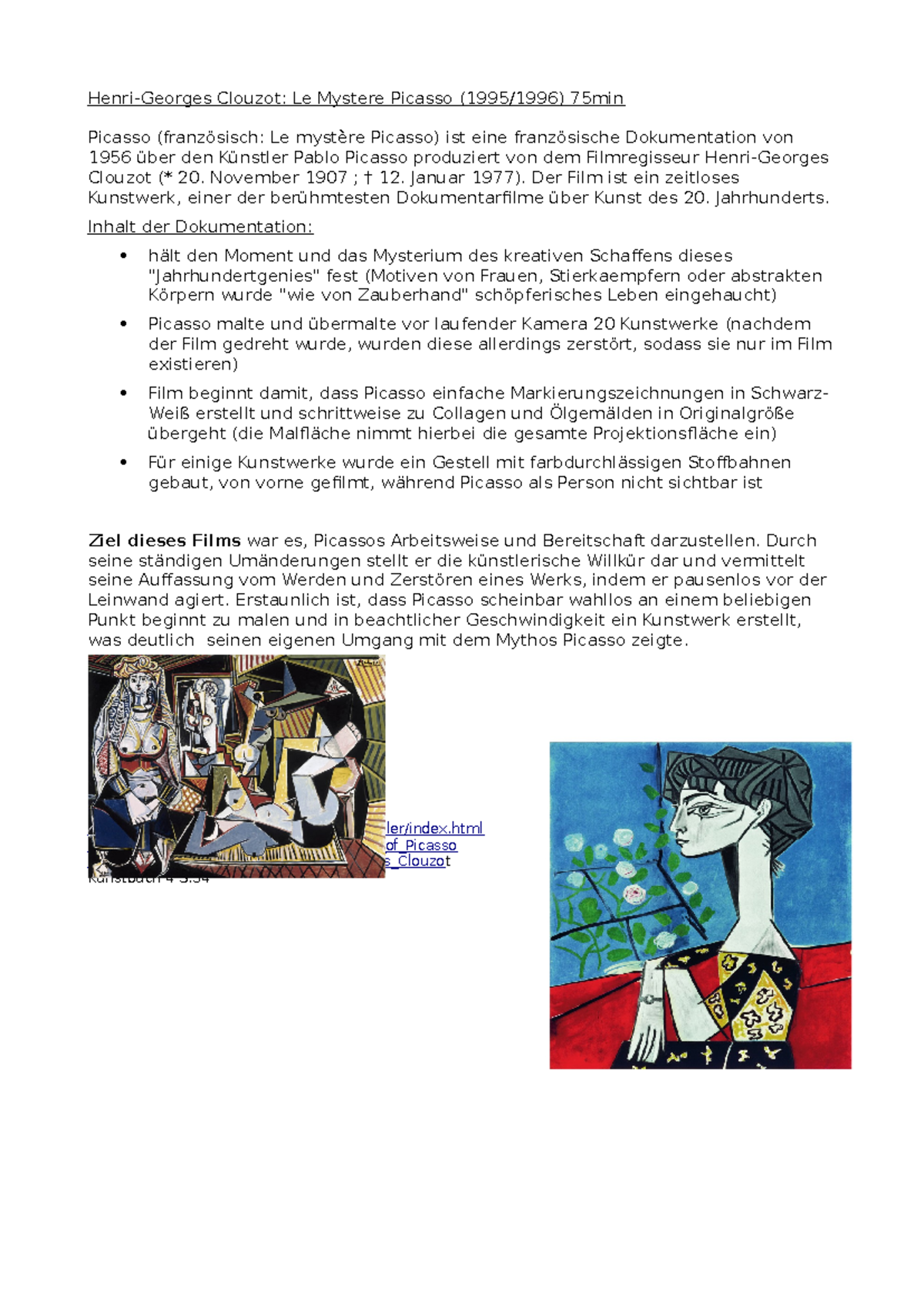 Picasso Handout - Zusammenfassung Kunstgeschichte - Henri-Georges ...
